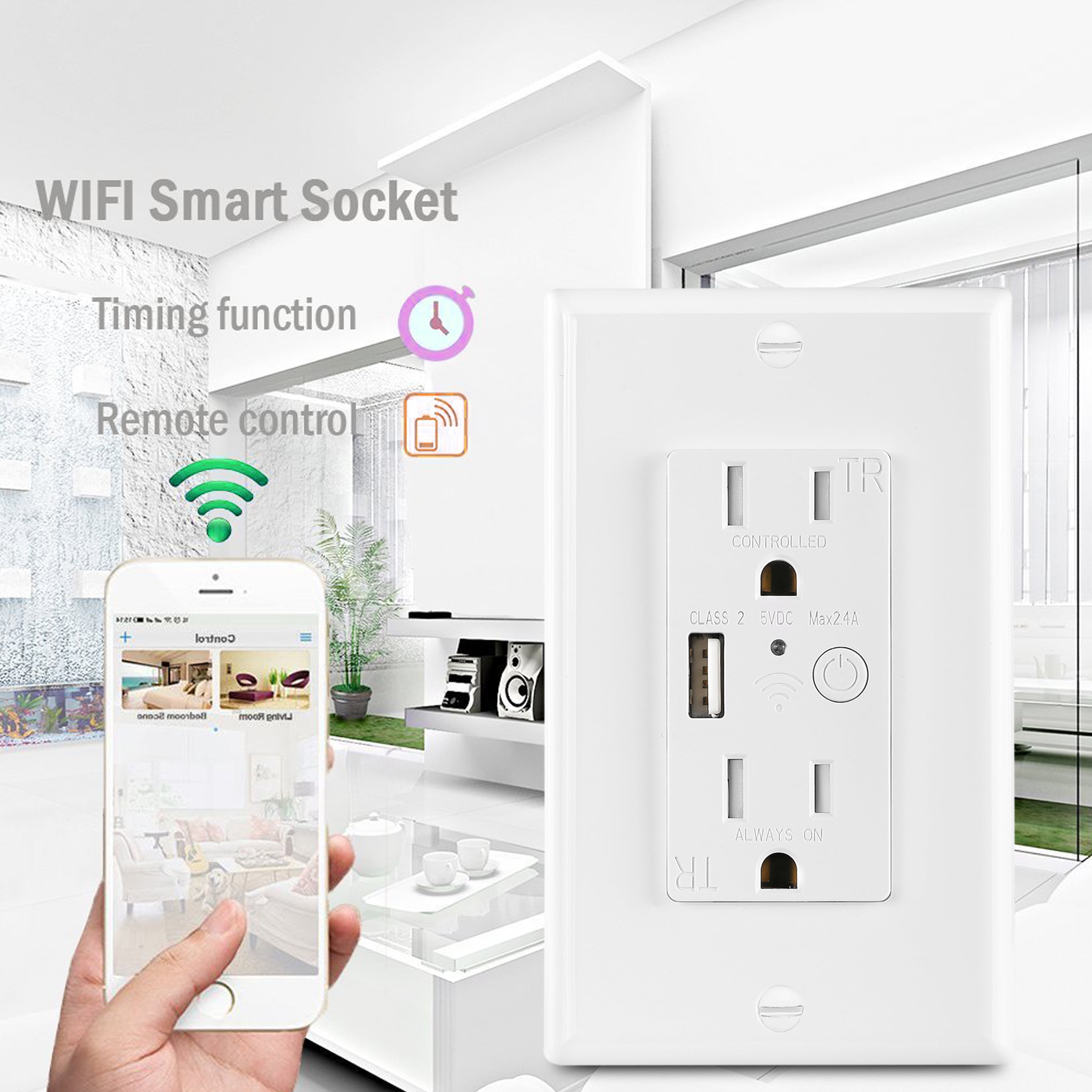 Smart Wall Socket,Wifi Smart outlet with 2 AC Sockets and 1 USB Port ...