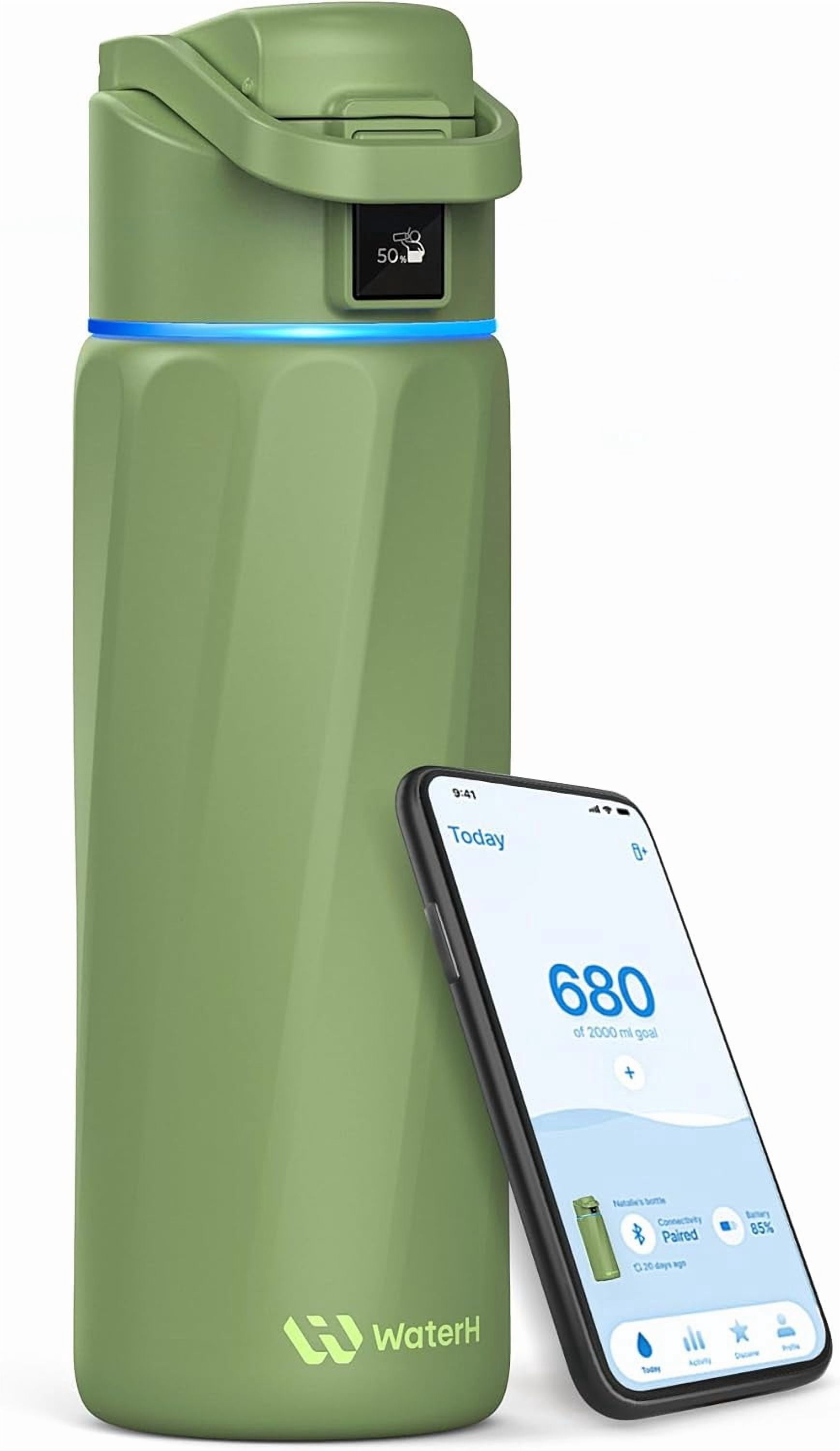 Smart Water Bottle with Hydration Reminder, 24 oz Green Stainless Steel ...