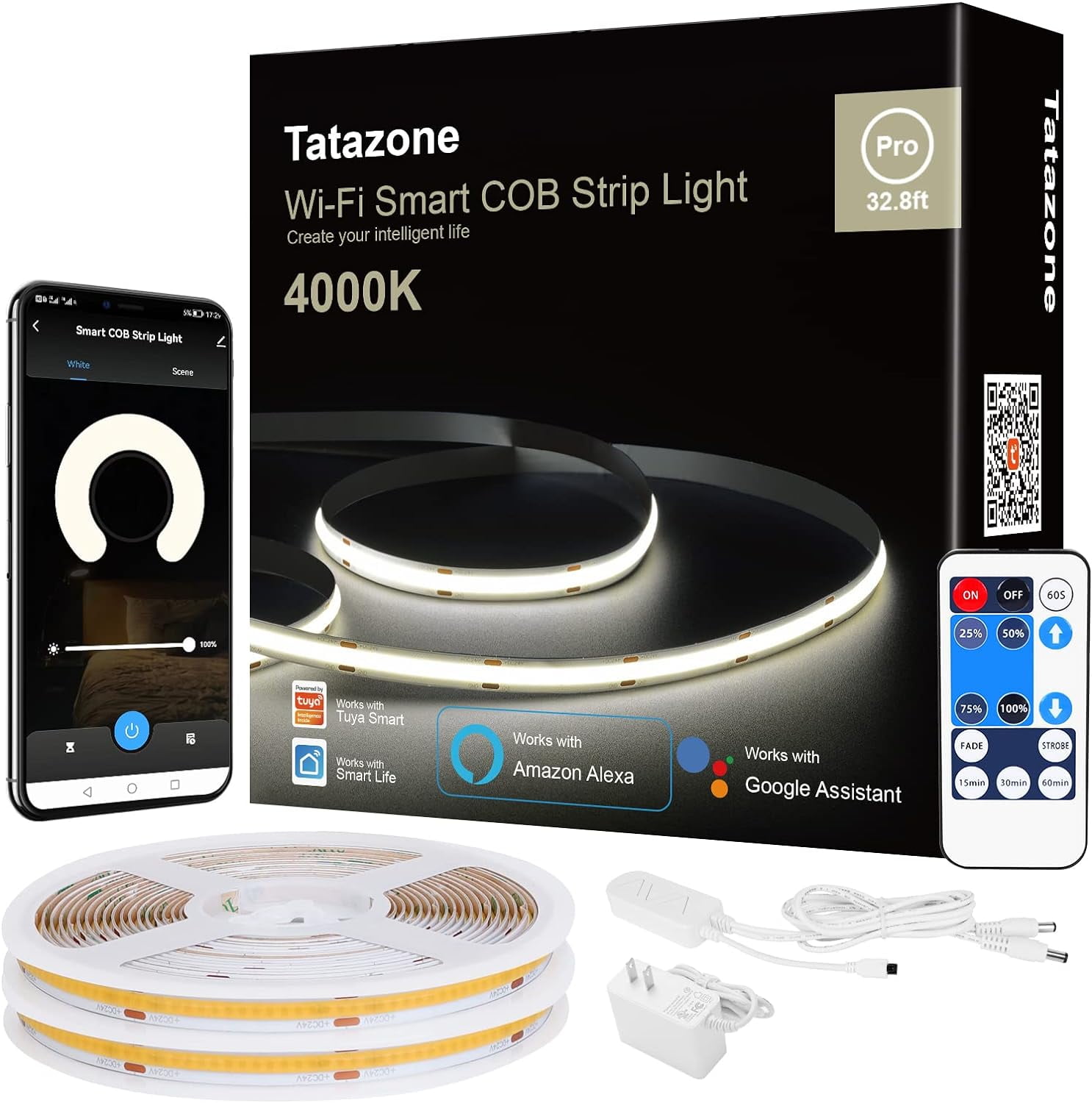 Smart White COB Led Strip Light with App and Remote, 32.8ft 4000K ...