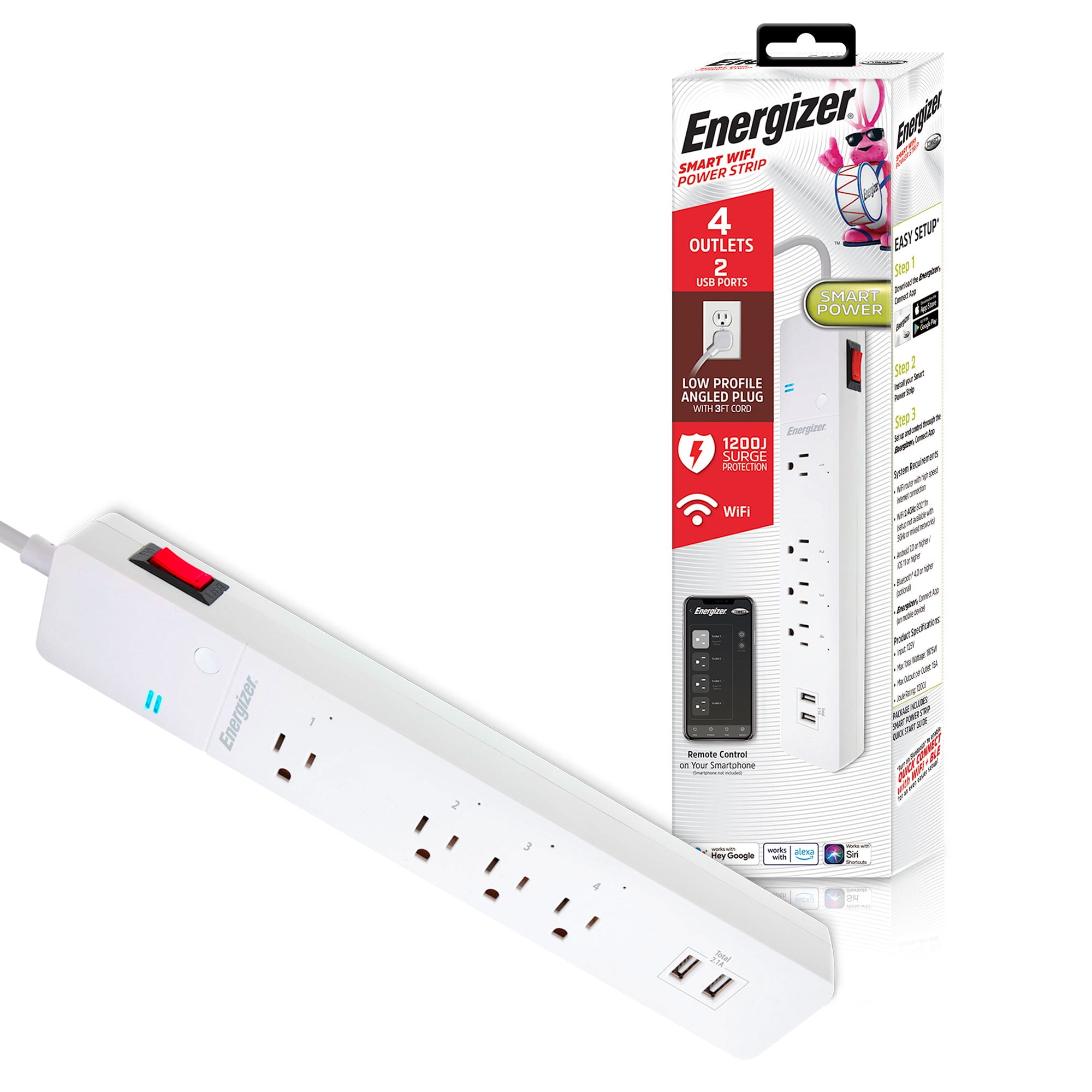 Smart Wi-Fi 4 Outlet 2 USB Power Strip, 1,200 Joules, Powers 4 Separate ...