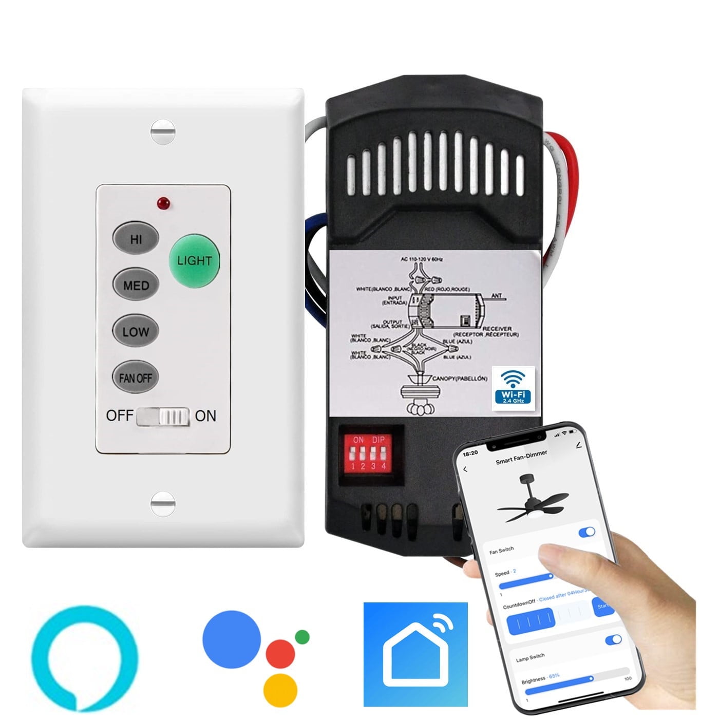 Smart Wi-Fi Universal Ceiling Fan and Dimmer Wall Remote Control Kit ...