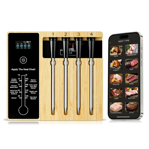Smart Wireless Meat Thermometer 4 Probes, Bluetooth Food Thermometer, Remote Tracking and Real ...