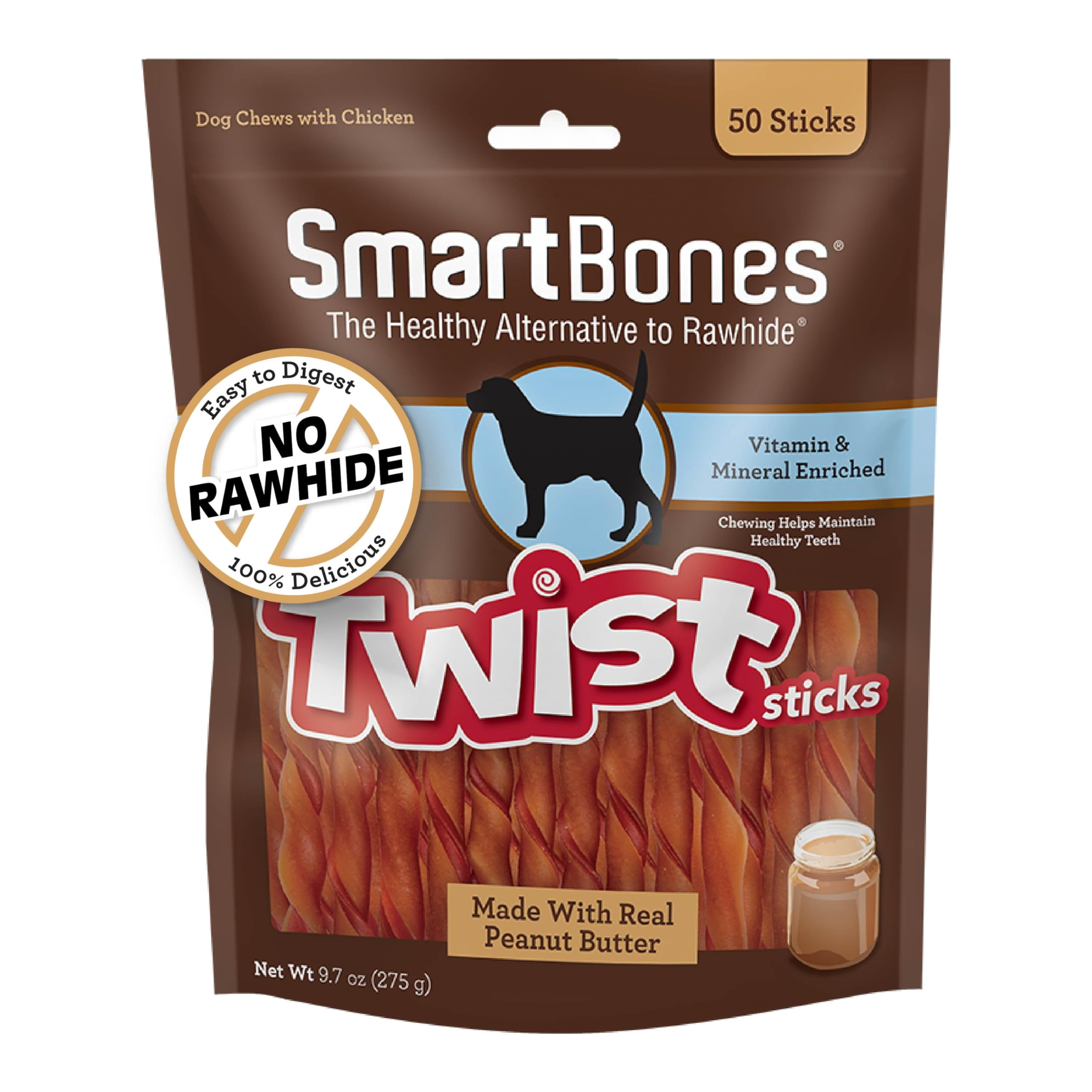 SmartBones Smart Twist Sticks With Peanut COC1Butter 50 Count, Rawhide ...