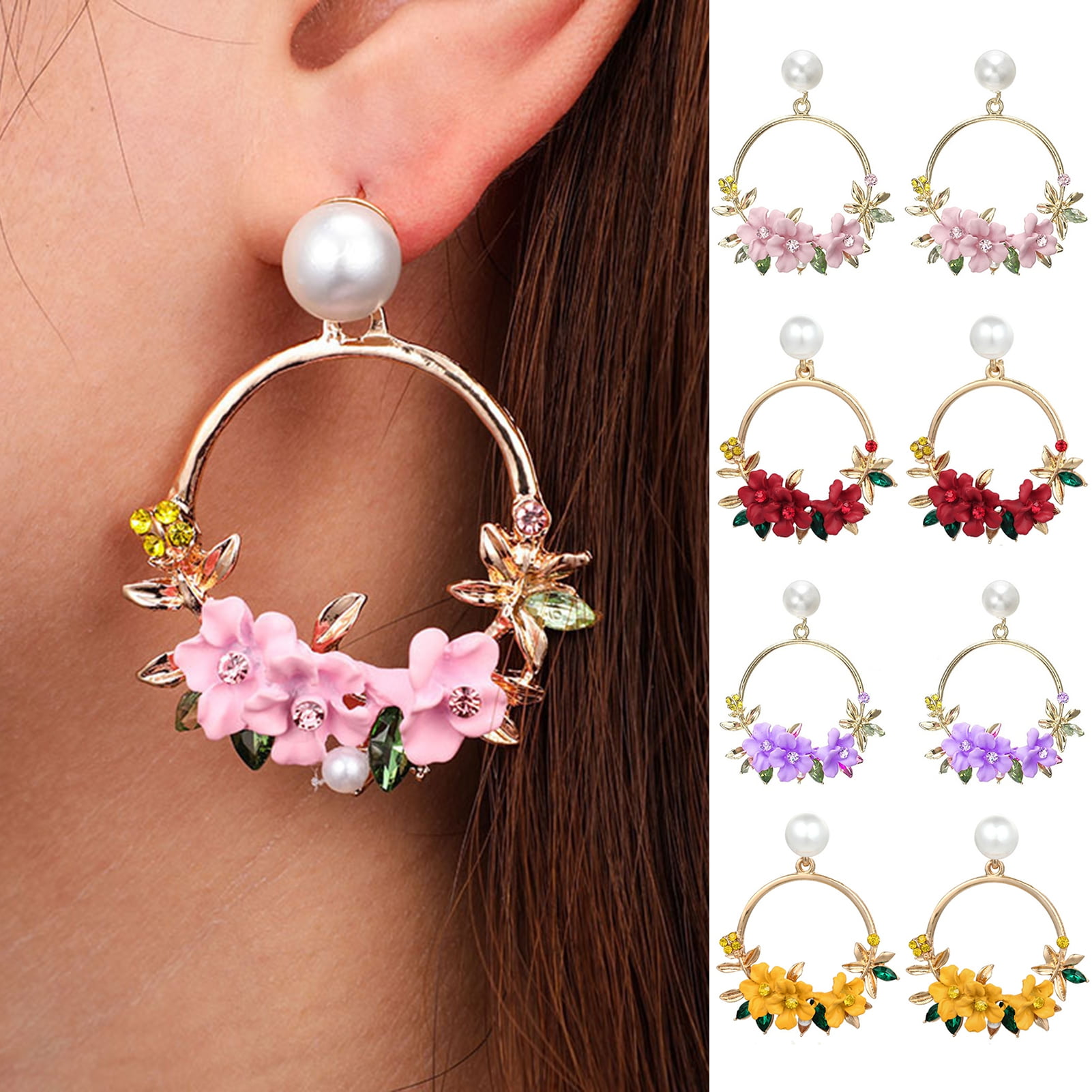 SmartBy 1 Pair Drop Earrings Round Circle Temperament Shiny Rhinestone ...