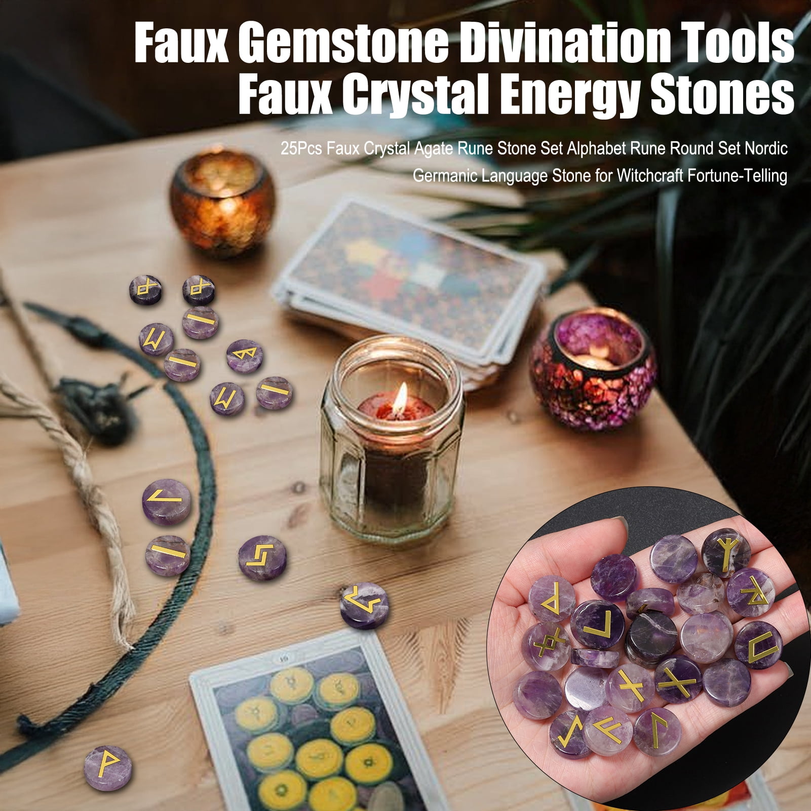 SmartBy 25Pcs Faux Crystal Agate Rune Stone Set Alphabet Rune Round Set ...