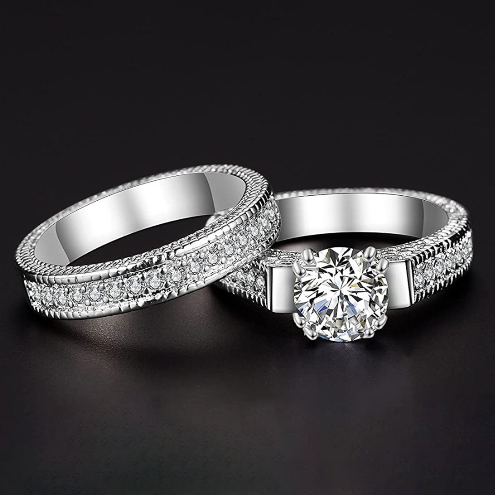 SmartBy 2Pcs Couple Rings Geometry Shape Cubic Zirconia Men Women Shiny ...