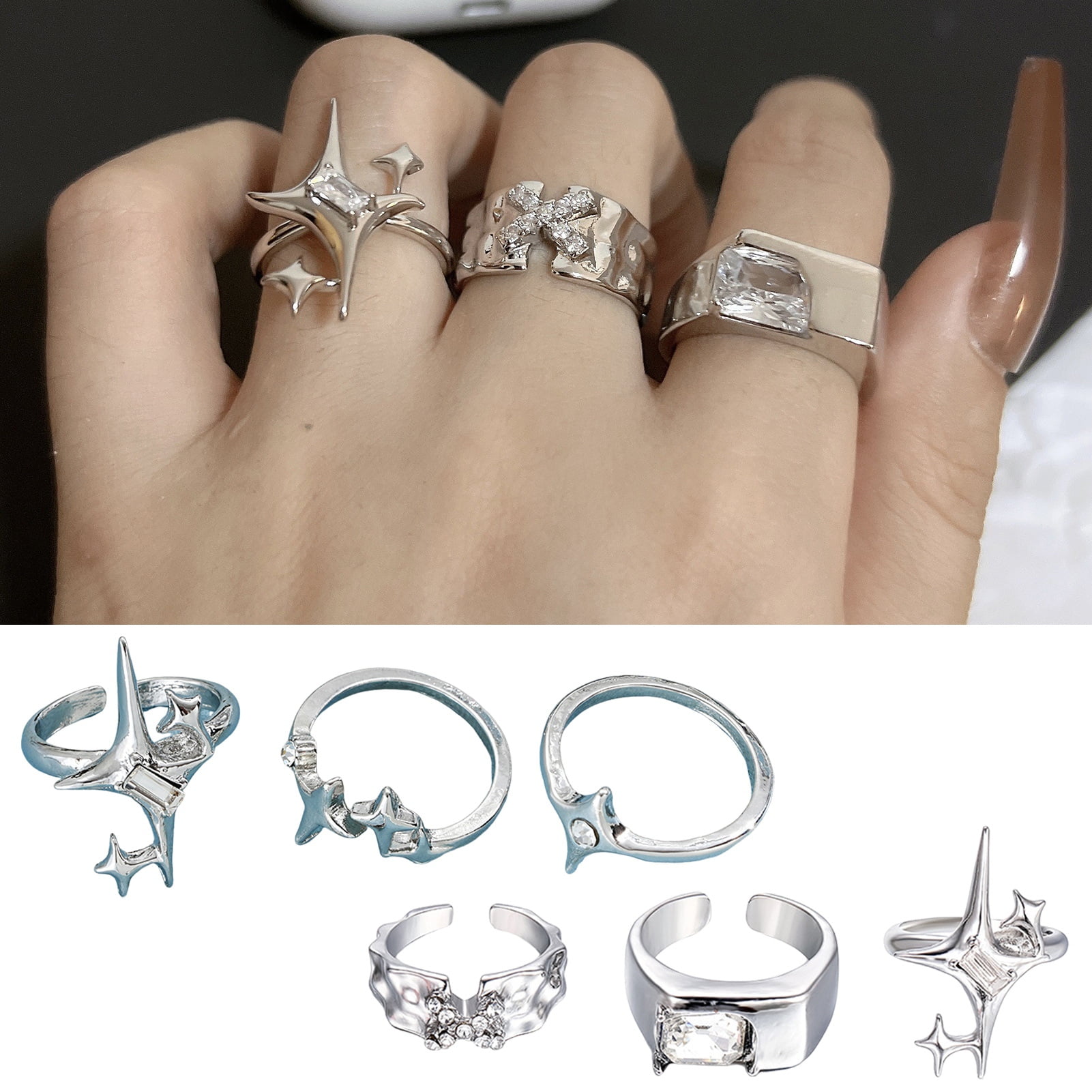 SmartBy 3 Pcs/Set Women Rings Star Shape Rhinestone Decor Smooth Polish ...
