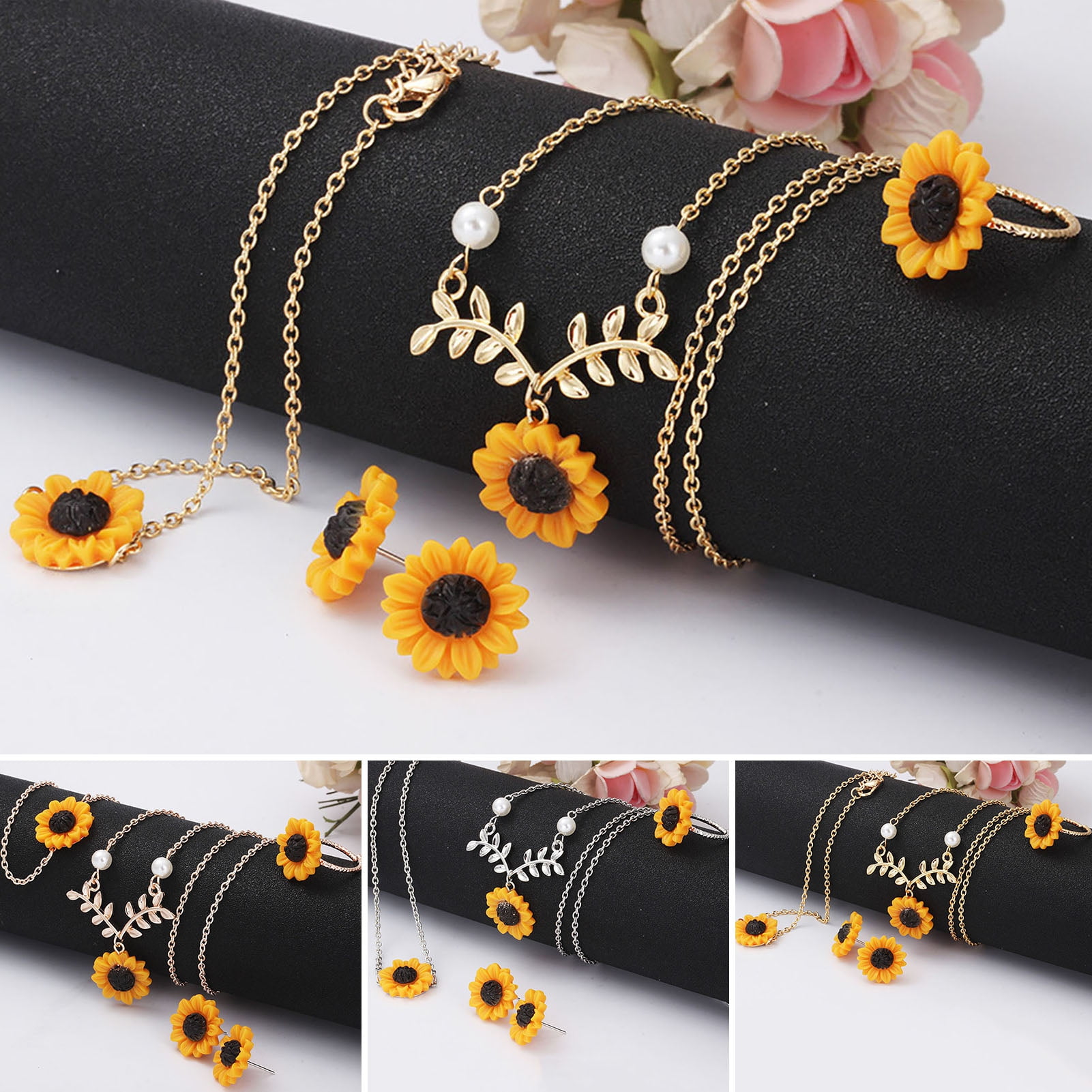 SmartBy 4Pcs/Set Women Jewelry Set Sunflower Shape Vivid Stainless Leaf ...