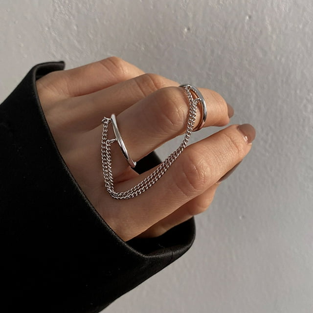 SmartBy Double Finger Chain Ring Stackable Adjustable Unisex Two Layers ...