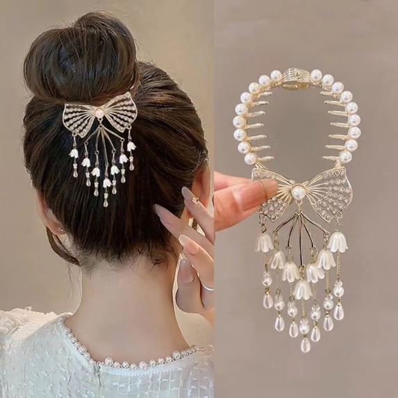 SmartBy Lady Ponytail Claw Shiny Rhinestone Faux Pearl Long Tassel ...
