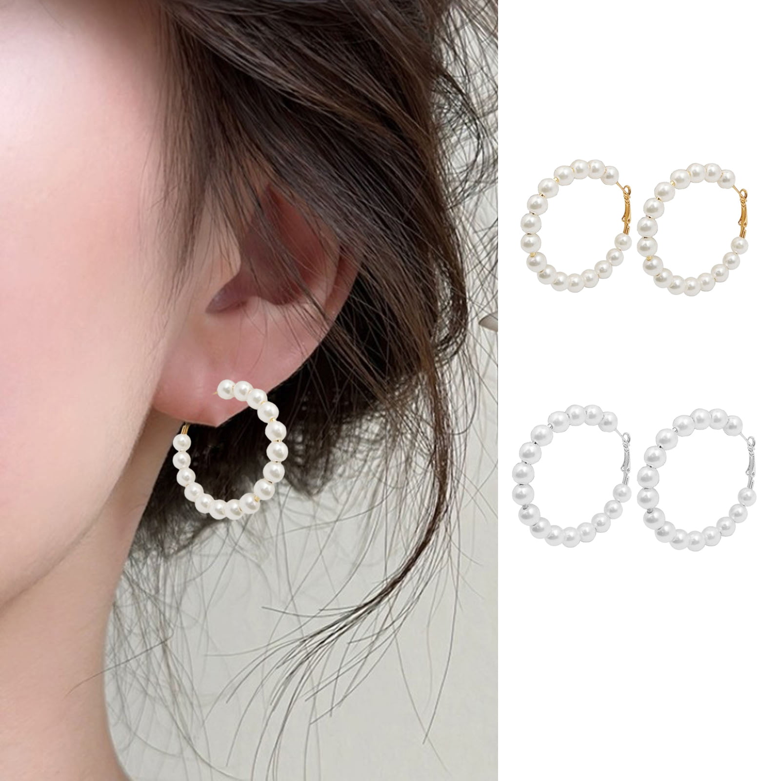 SmartBy Pair Huggie Earrings Faux Pearl Round Shape Exaggerated Solid ...