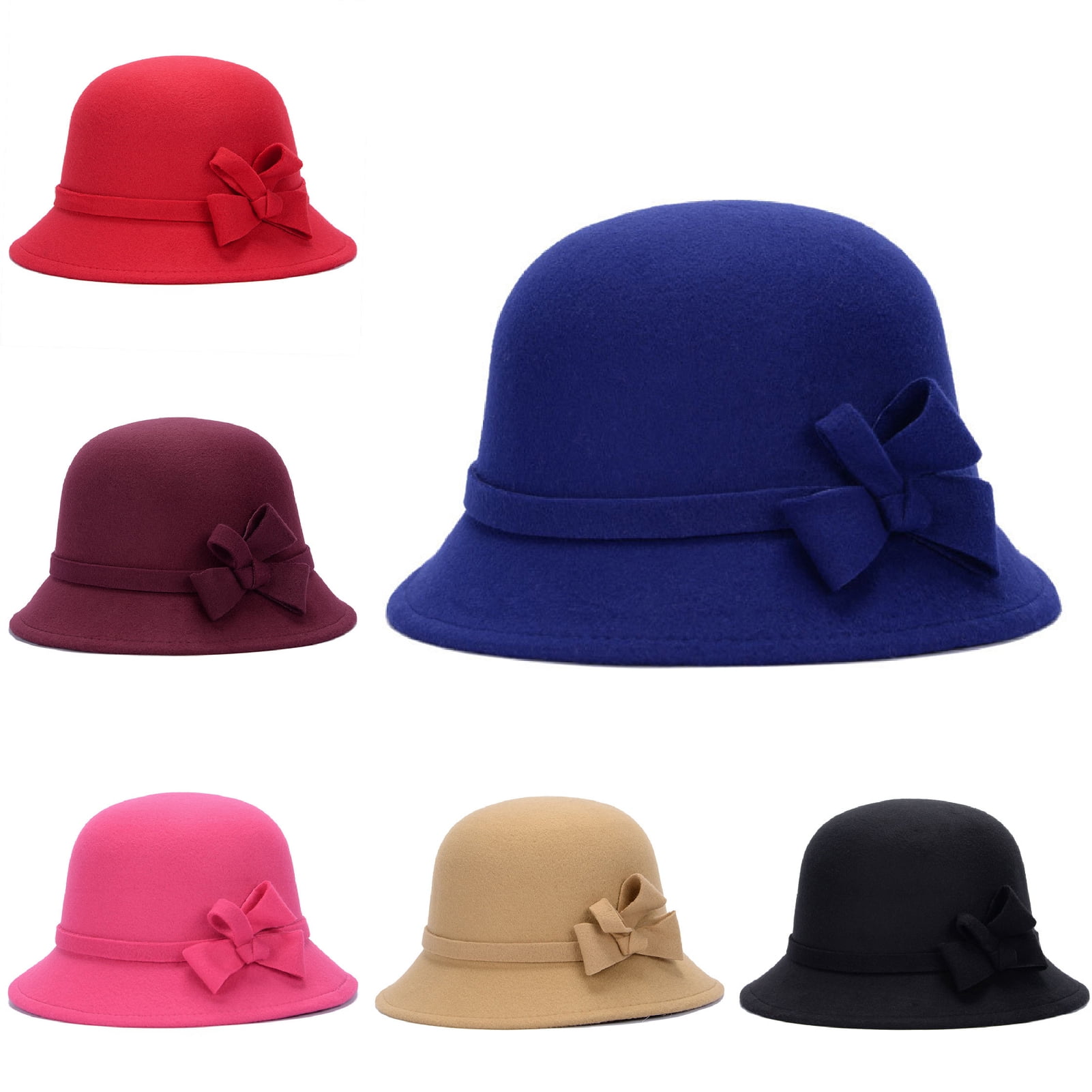 SmartBy Women Cap Solid Color Bowler Cap Faux Wool Wide Brim Cloche Hat ...