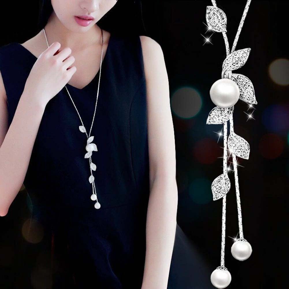 SmartBy Women Faux Pearl Rhinestone Leaves Pendant Long Chain Necklace ...
