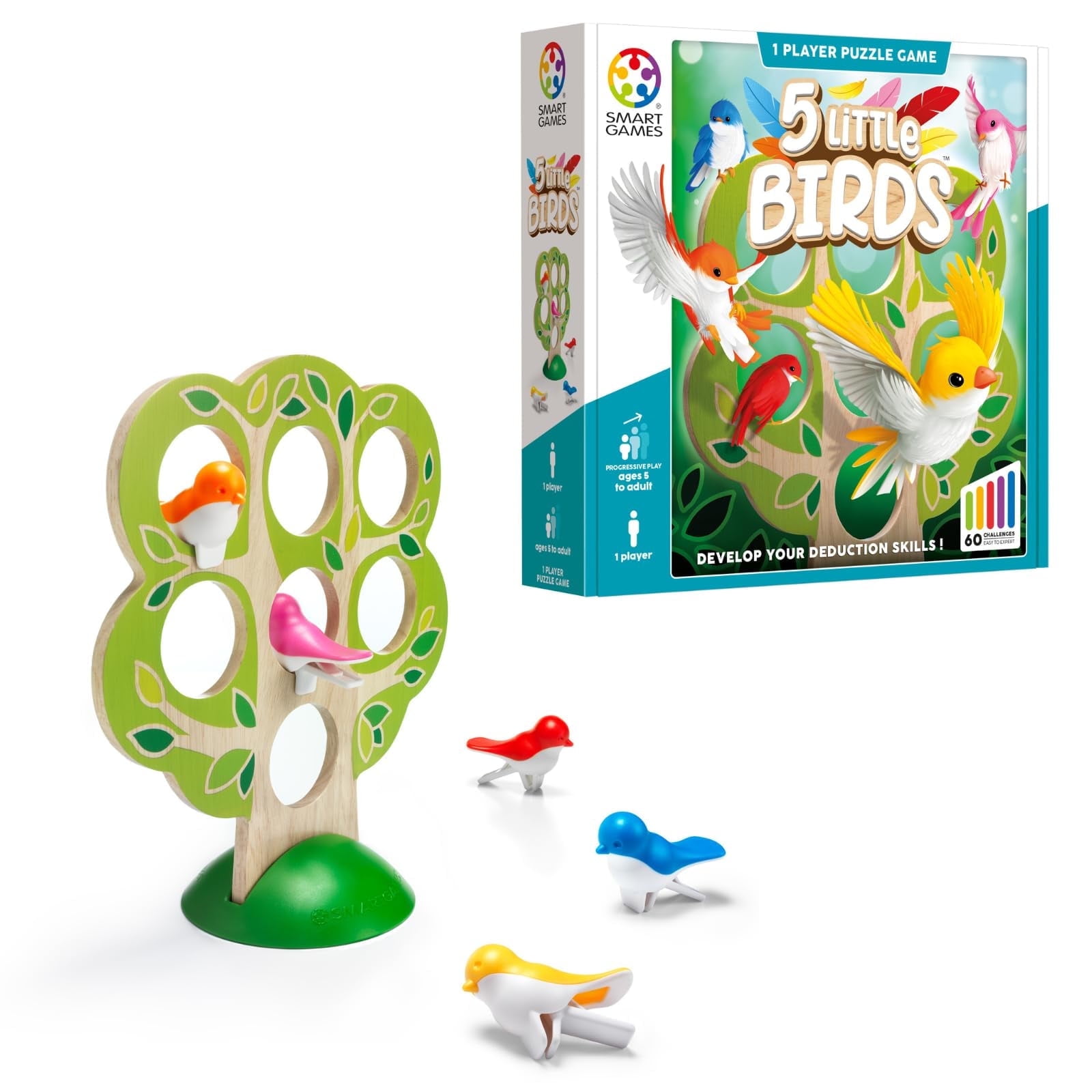 SmartGames 5 Little Birds Wooden Deduction Game for Ages 5 - Adult with ...