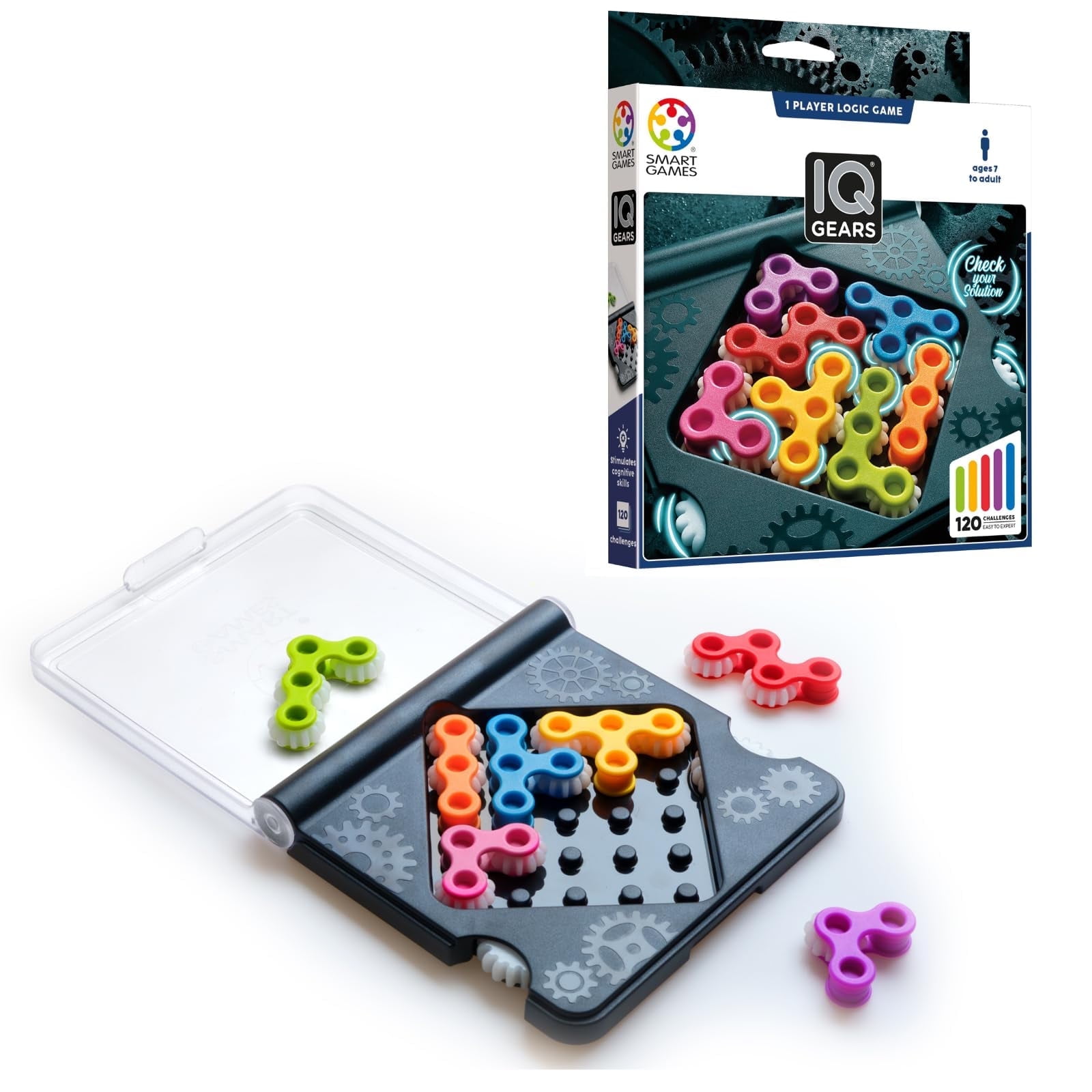 SmartGames IQ Gears Travel-Friendly Dynamic Logic Game Featuring 120 ...