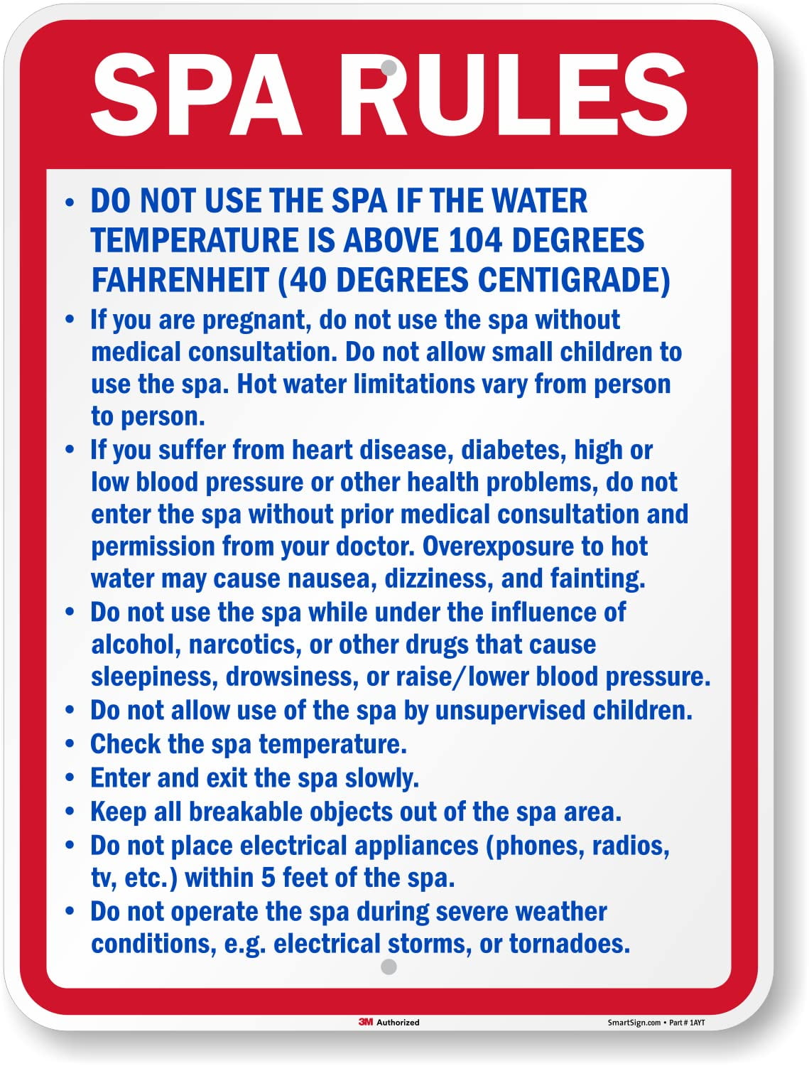 SmartSign 24 x 18 inch “Spa Rules” Metal Sign, 80 mil Aluminum, 3M ...