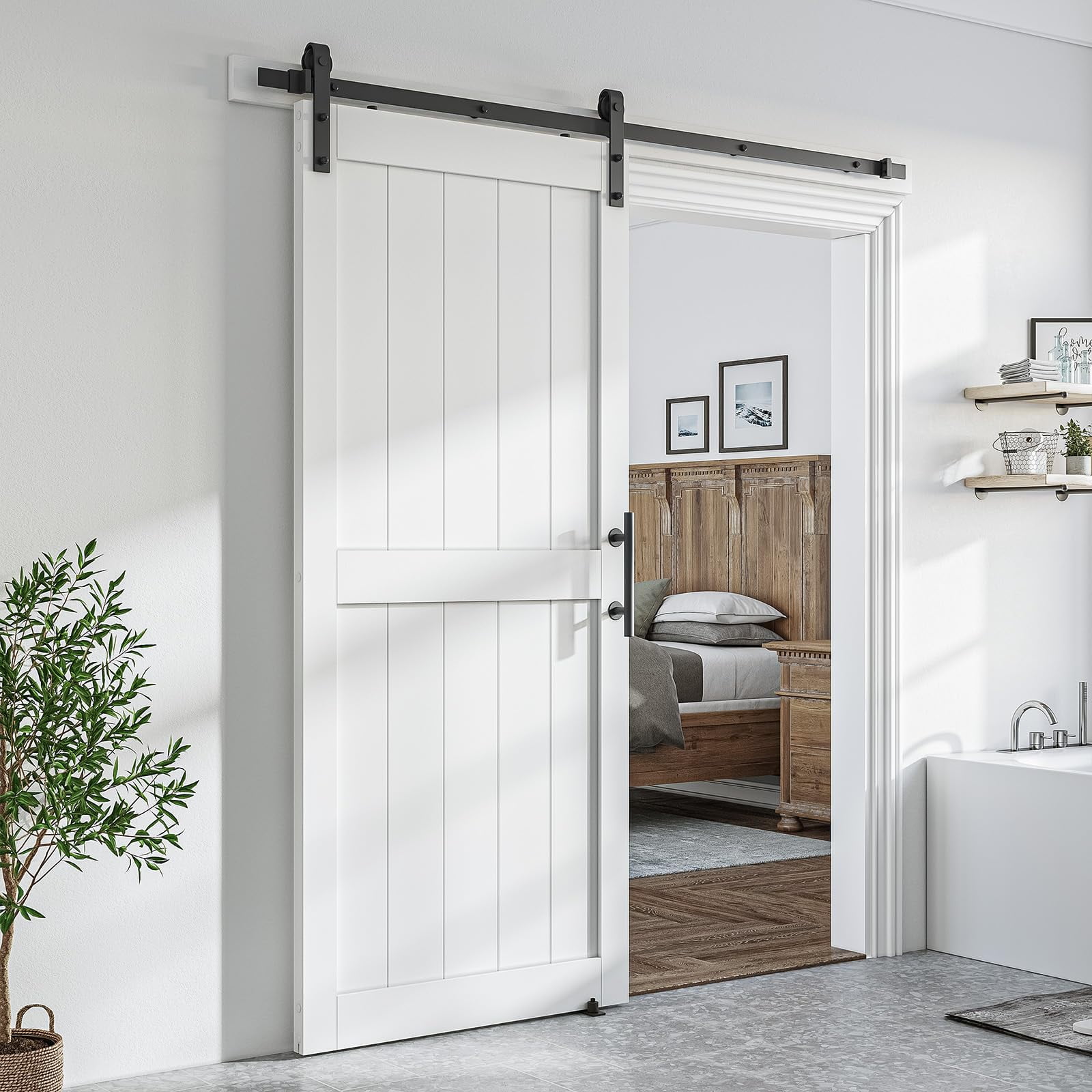 SmartStandard 38 x 84 inch White Sliding MDF Barn Door with 6.6FT Black ...