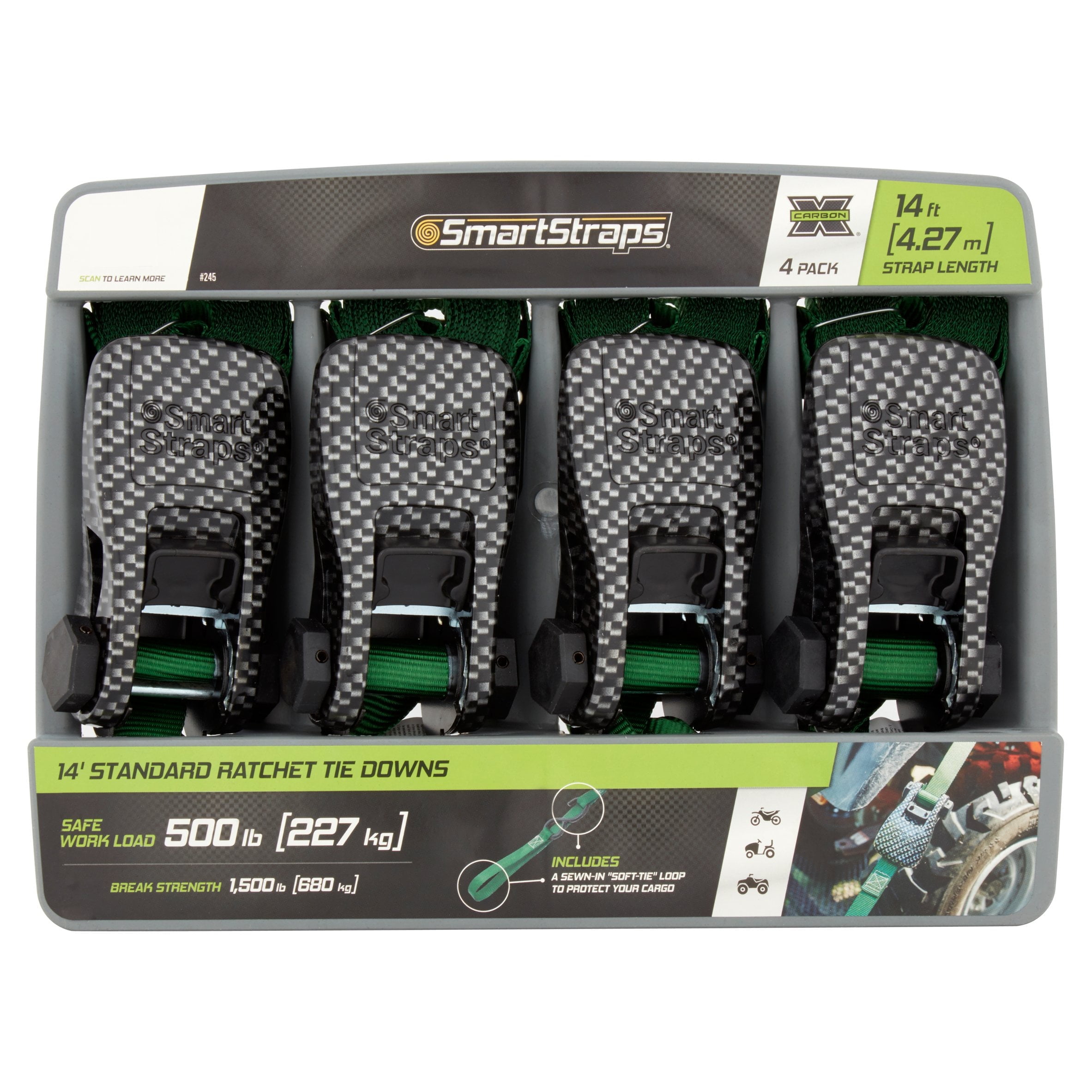 SmartStraps 1 in. x 14 ft. Green CarbonX Standard Duty Ratchet Tie Down ...