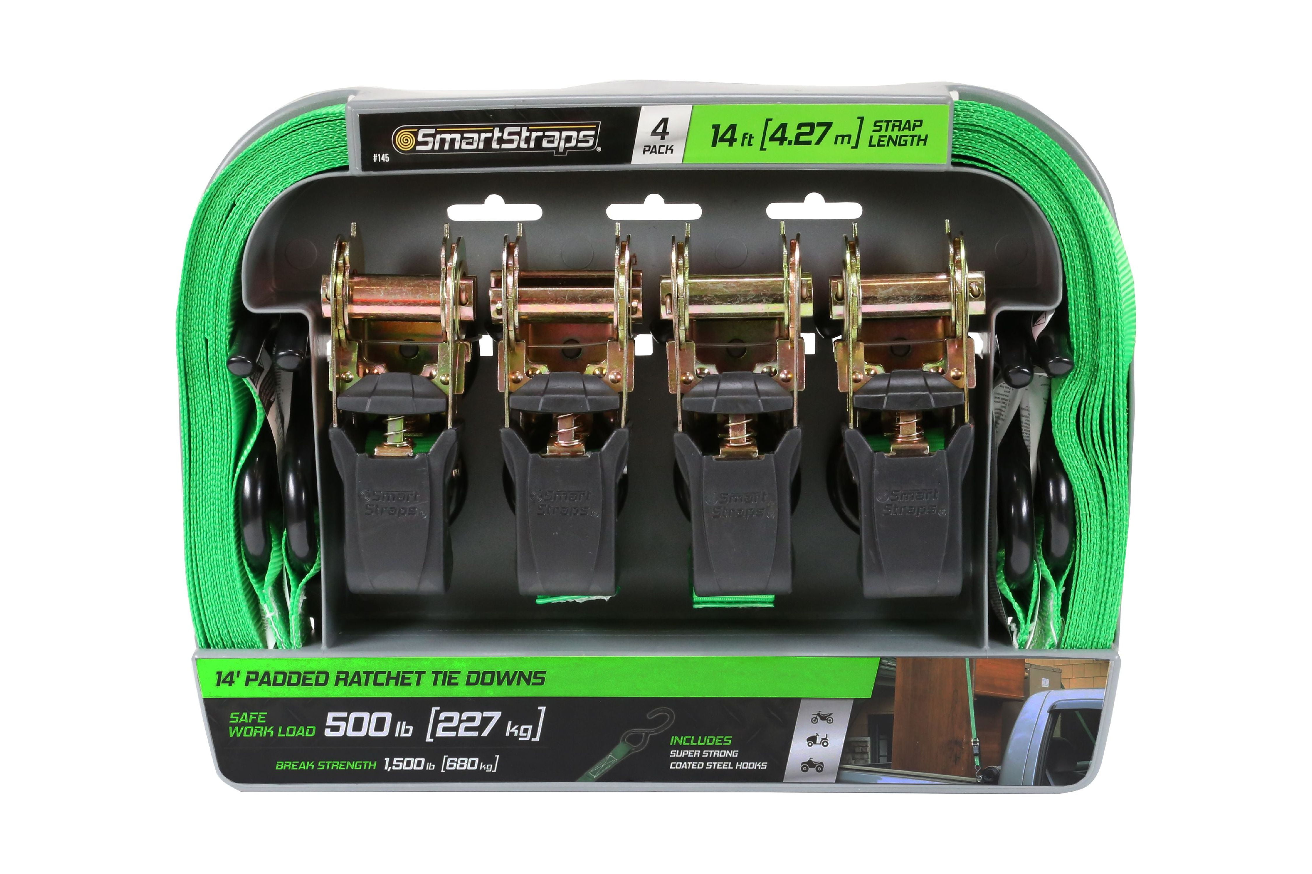 SmartStraps 10' 1200 lb Padded Ratchet Tie Down, Green 4 Pack - Walmart.com