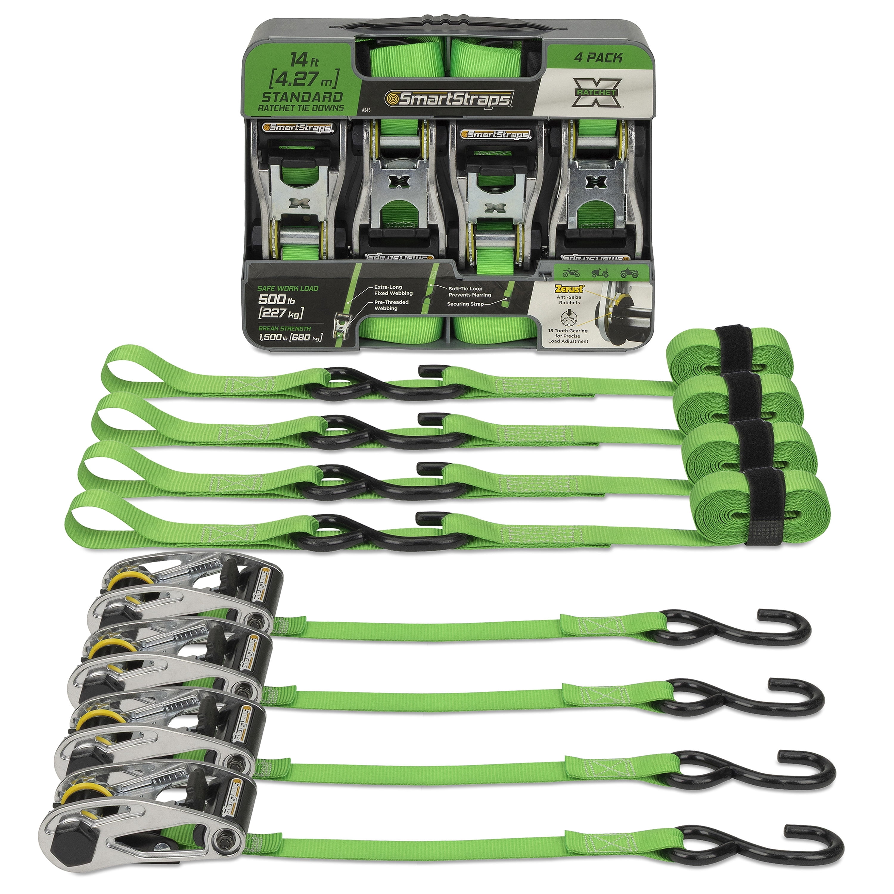 SmartStraps Ratchet X Tie Down, 14ft, 1500lb, Green, 4 Pack - Walmart.com
