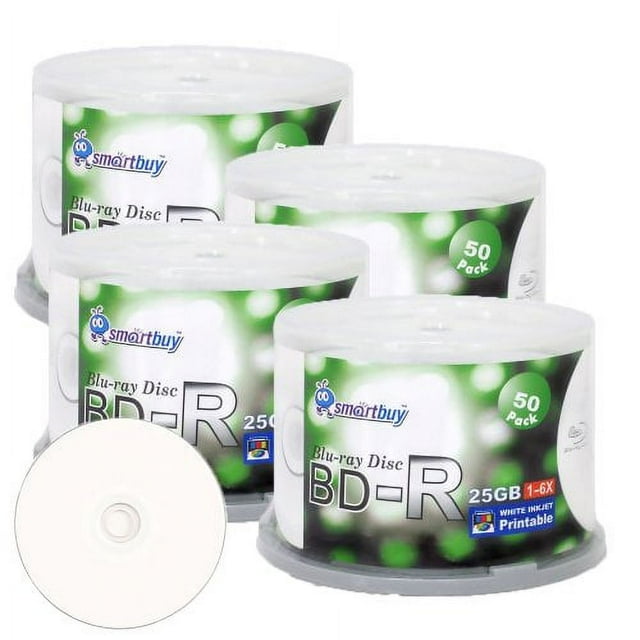 Smartbuy 200-disc 25gb 6x Bd-r BDR Blu-ray Single Layer White Inkjet Hub Printable Blank Data ...