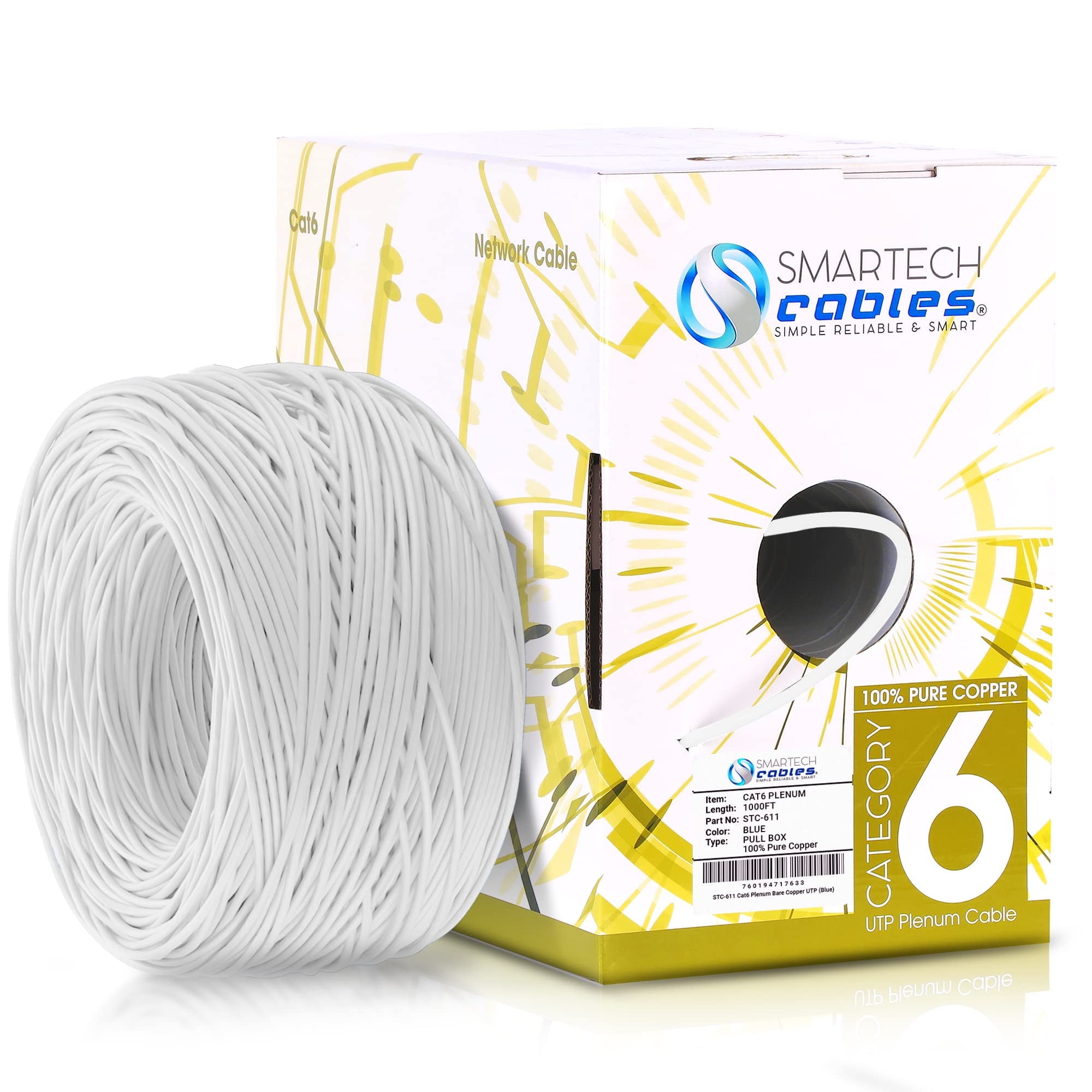 Smartech 1000ft Cat6 Plenum Cable, 23 AWG, 550MHz, UTP, Noise Reducing, Copper White - Walmart.com
