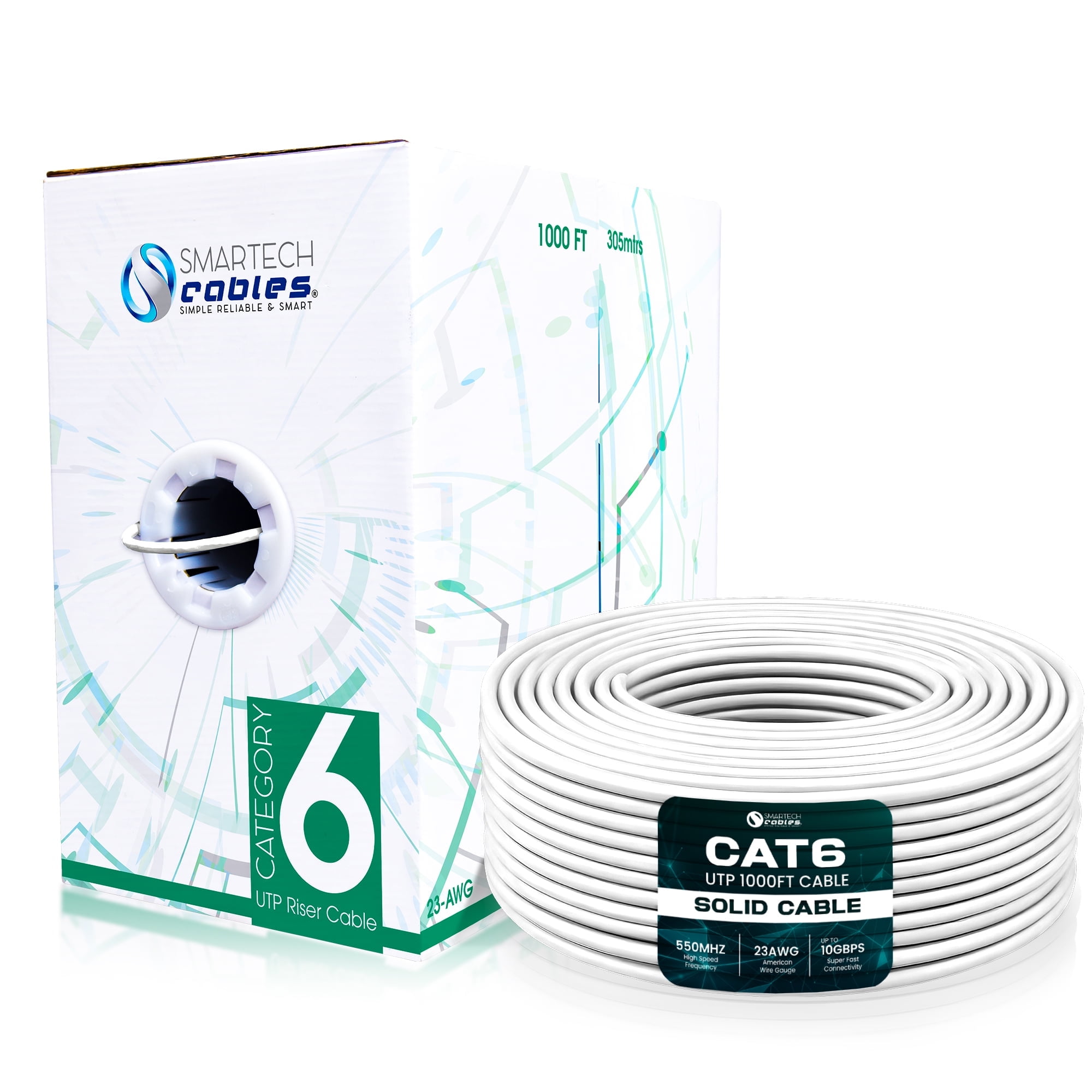 Smartech 1000ft Cat6 Riser CCA Ethernet Cable, 550MHz, 23AWG, UTP, 1 ...