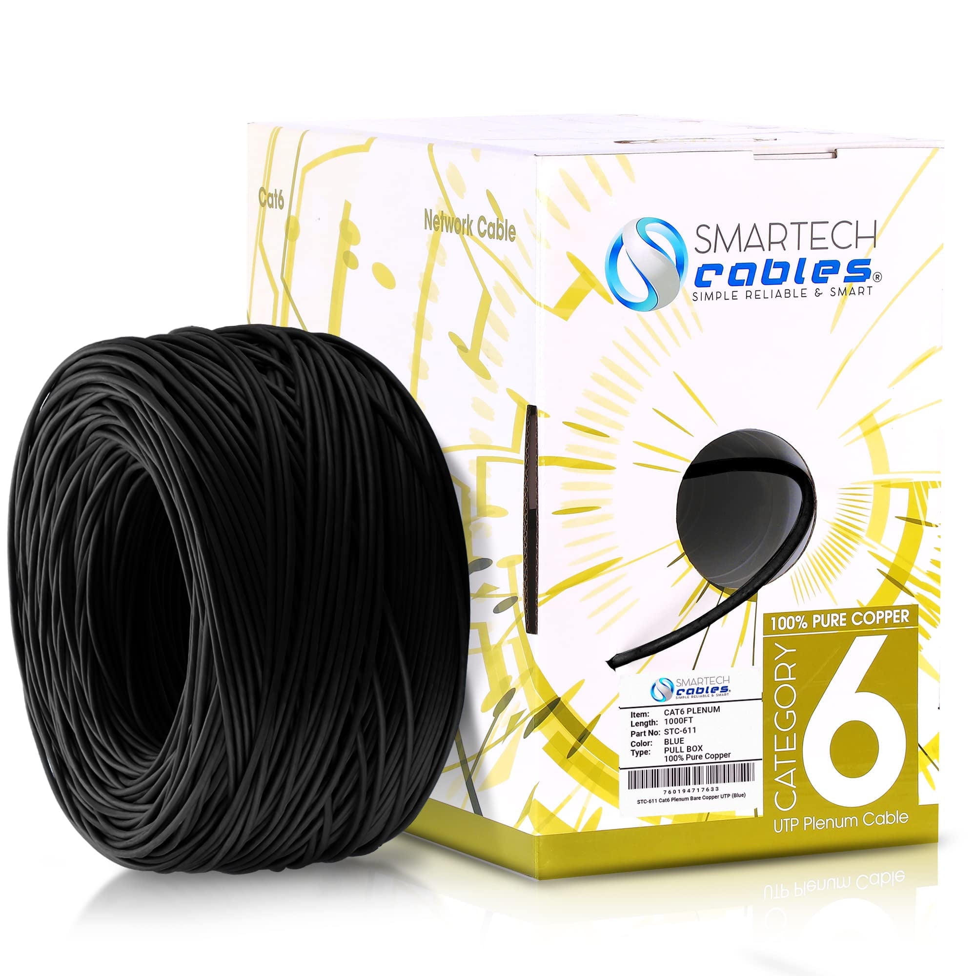 Smartech 1000ft Cat6 Plenum Cable, 23 AWG, 550MHz, UTP, Noise Reducing, Copper Black - Walmart.com