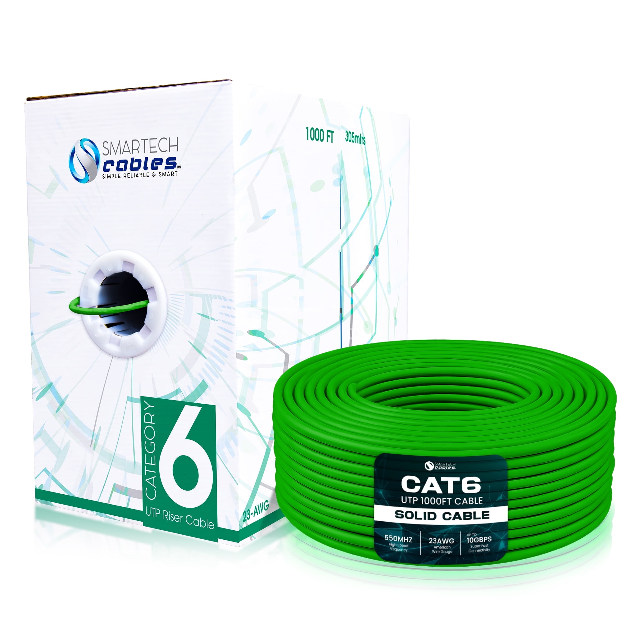Smartech 1000ft Cat6 Riser CCA Ethernet Cable, 550MHz, 23AWG, UTP, 1 ...