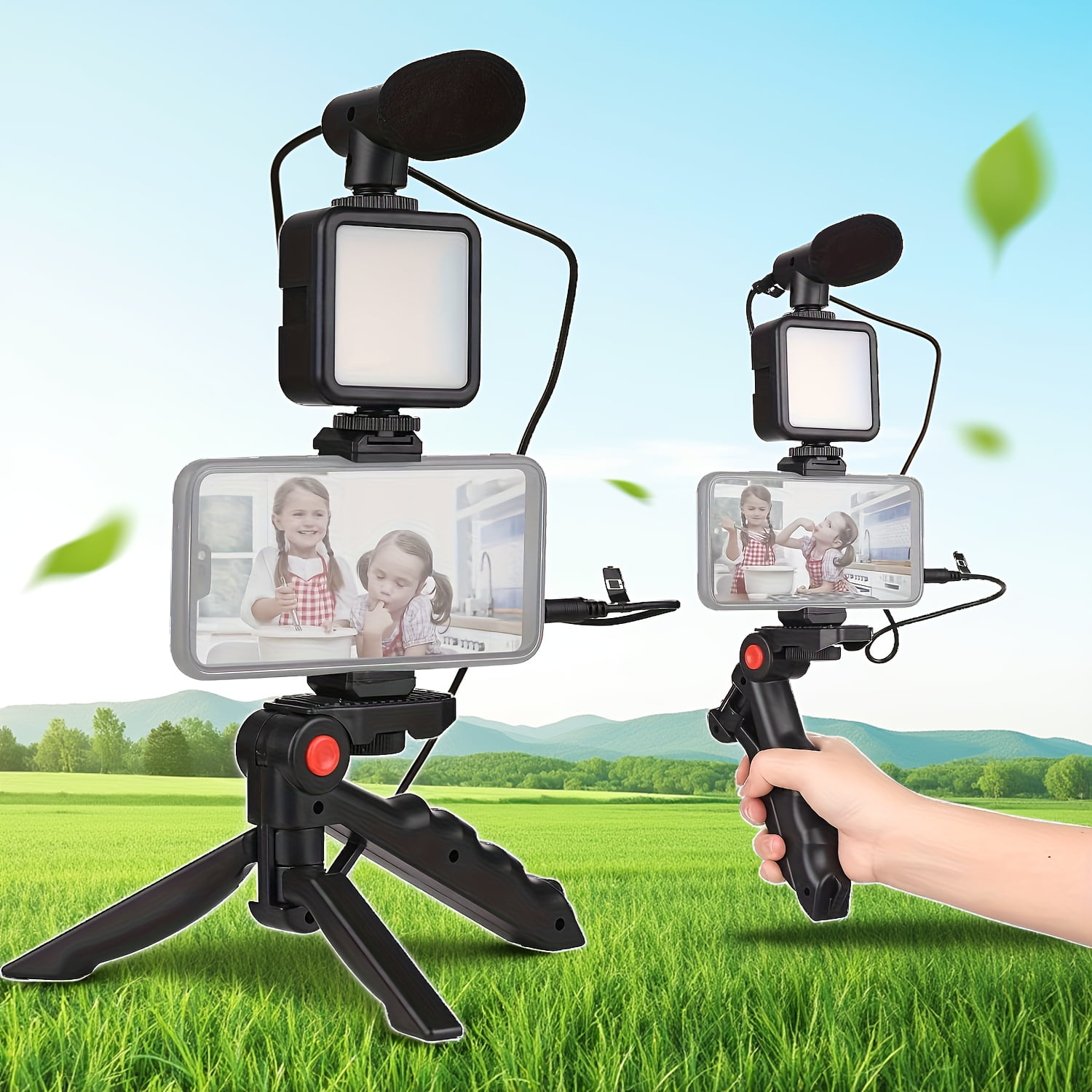 Smartphone Vlog Kit with Mini LED Light & Microphone, Extendable Phone ...