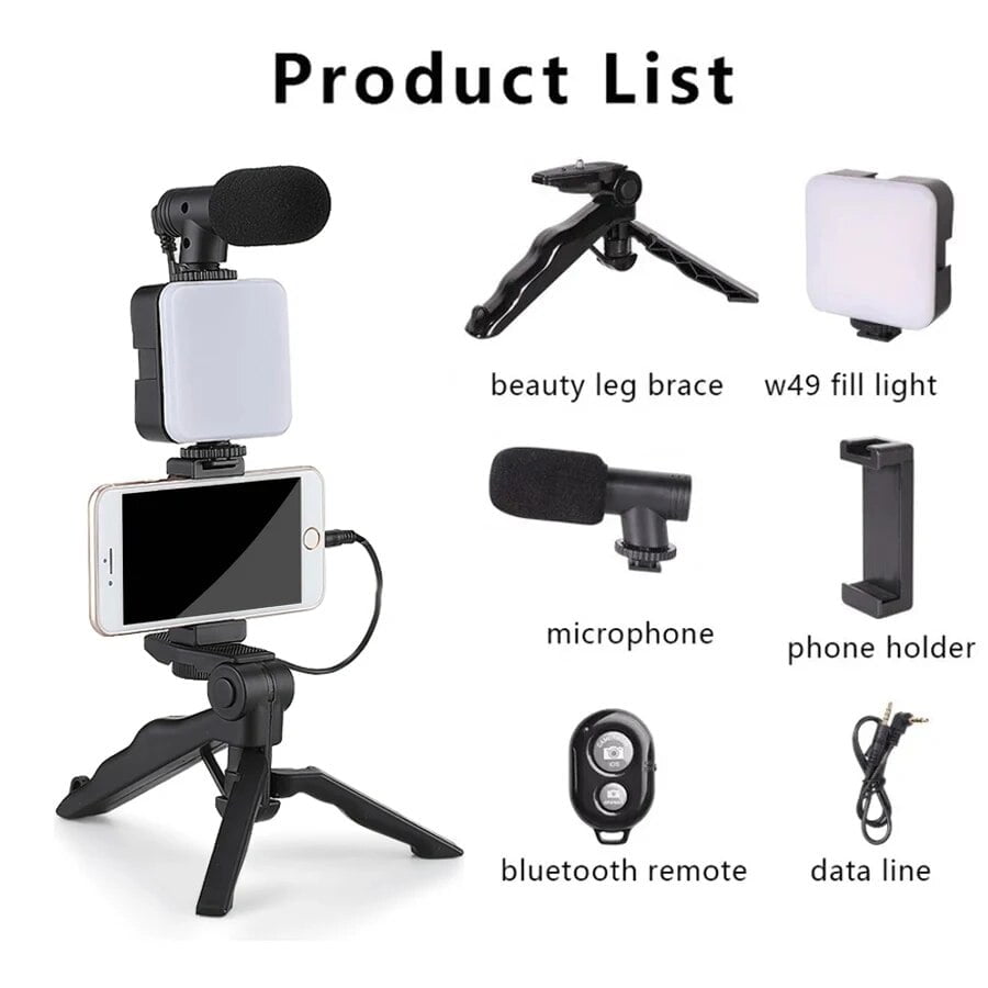 Smartphone Vlogging Kit With Tripod Phone Holder Mini Microphone LED Fill Light Starter For ...