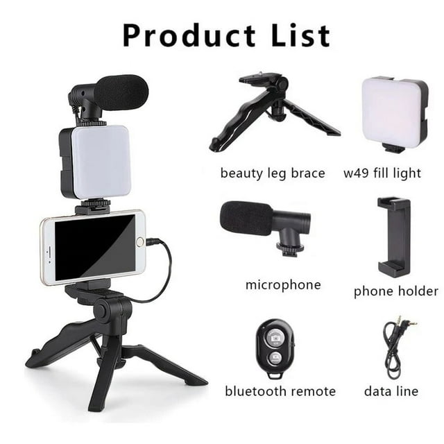 Smartphone Vlogging Kit with Tripod Phone Holder Mini Microphone LED ...