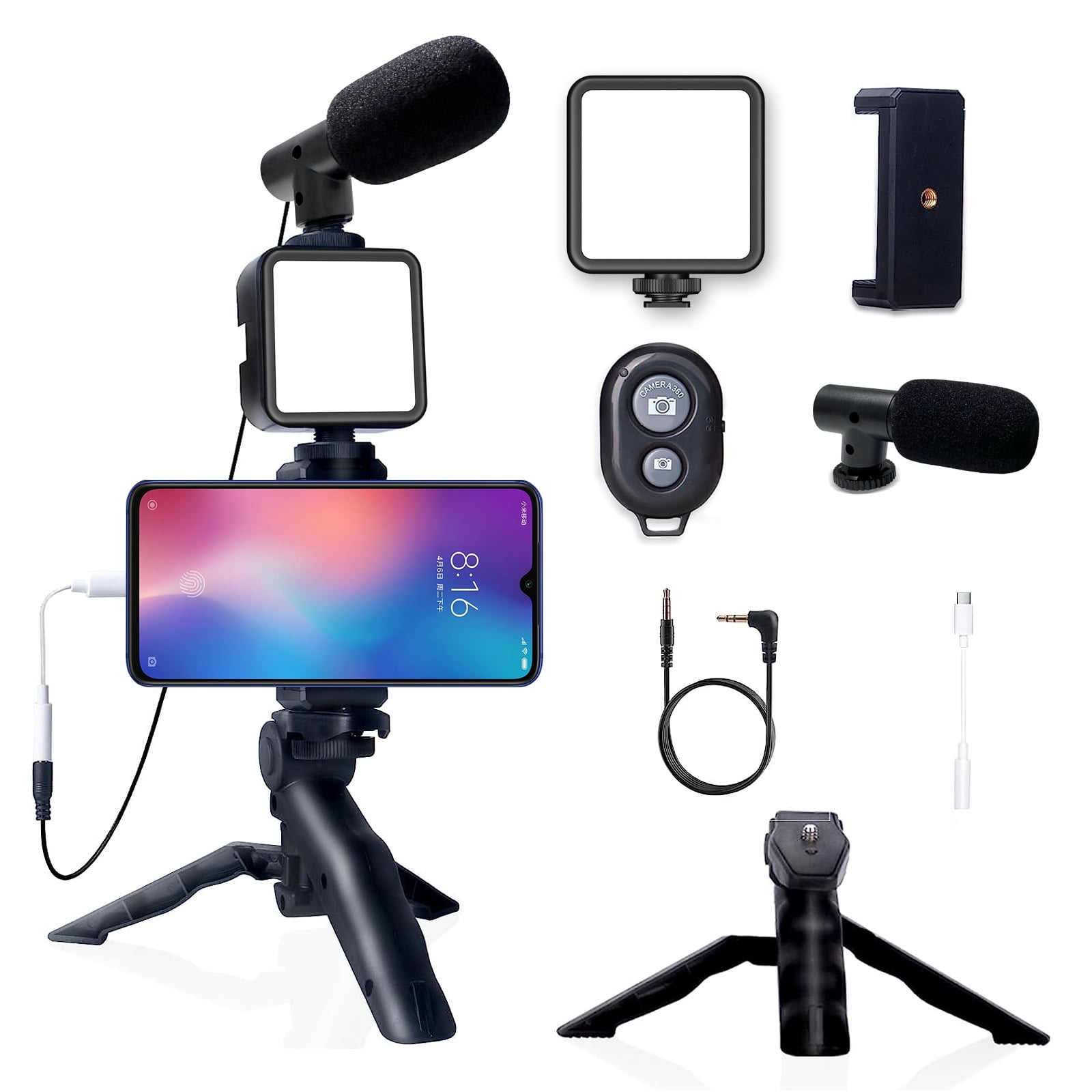Smartphone Vlogging Kit for iPhone Android with Tripod Mini Microphone Starter Vlog kit for Live ...
