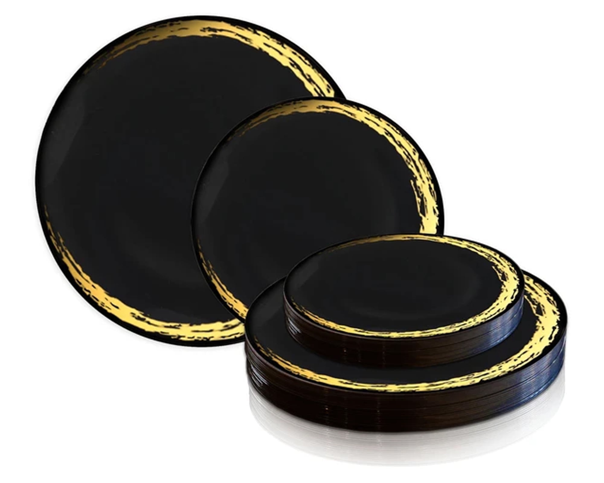 Smarty Black with Gold Moonlight Round Plastic Dinnerware Value Set ...