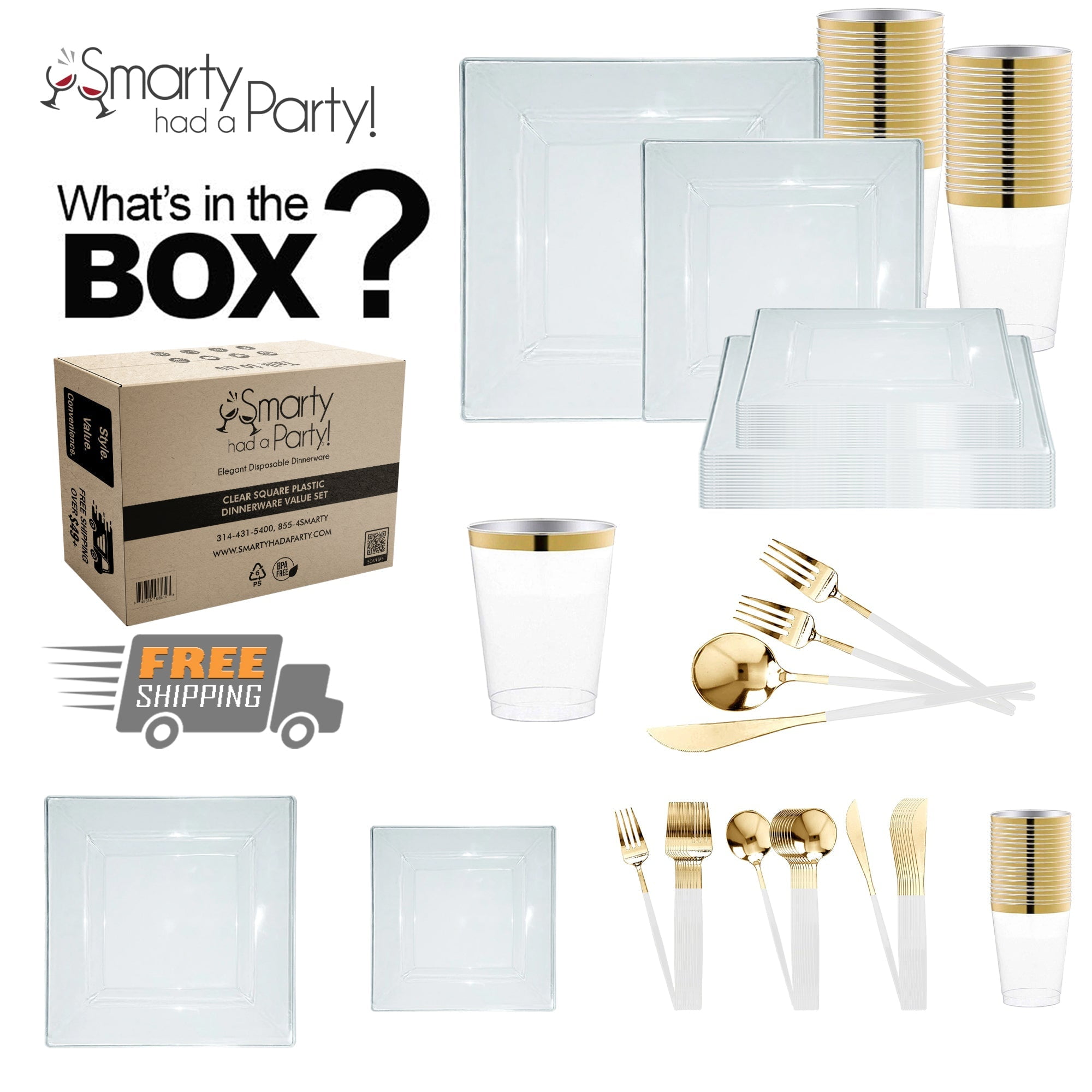 Smarty Clear Square Disposable Plastic Tableware Set (60 Guests ...