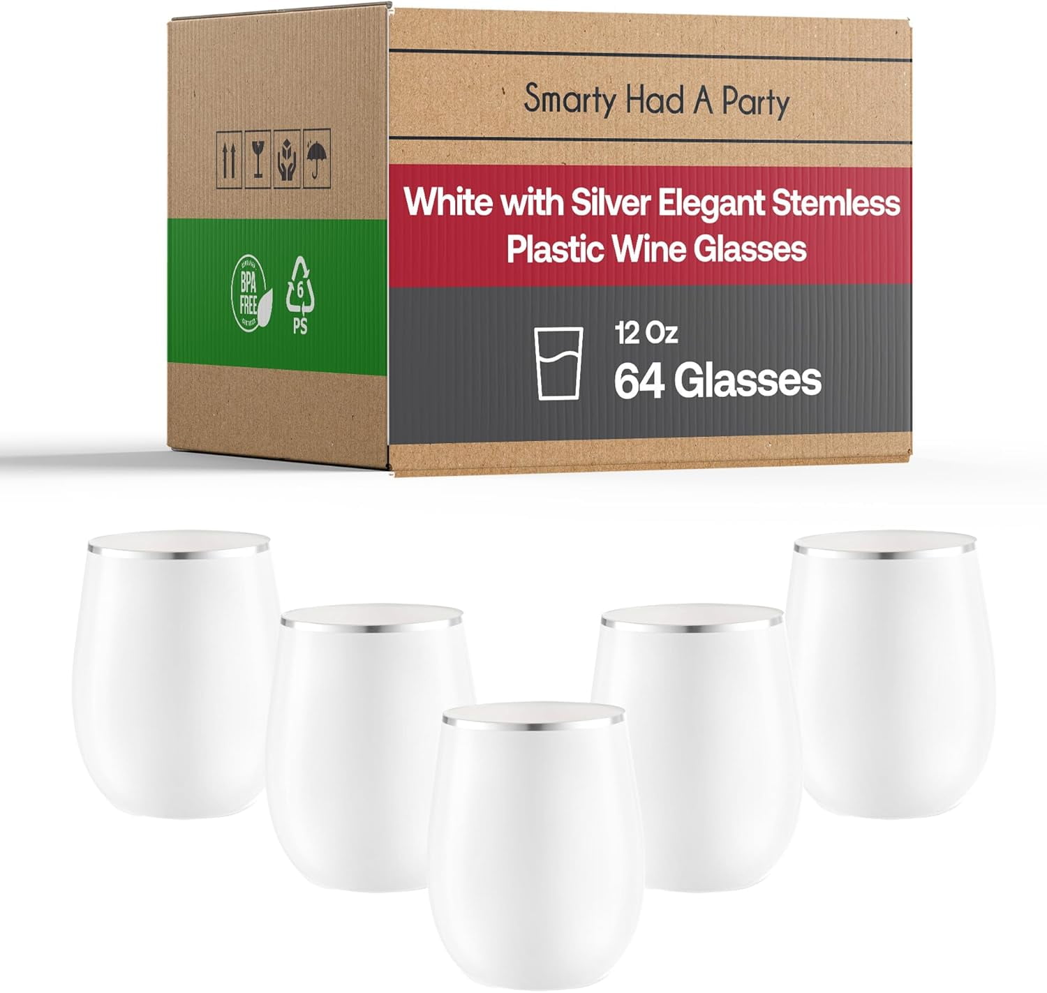 Smarty Had A Party 12 oz Wine Glasses – 32 White Stemless Plastic Wine Glasses with Silver Rim ...