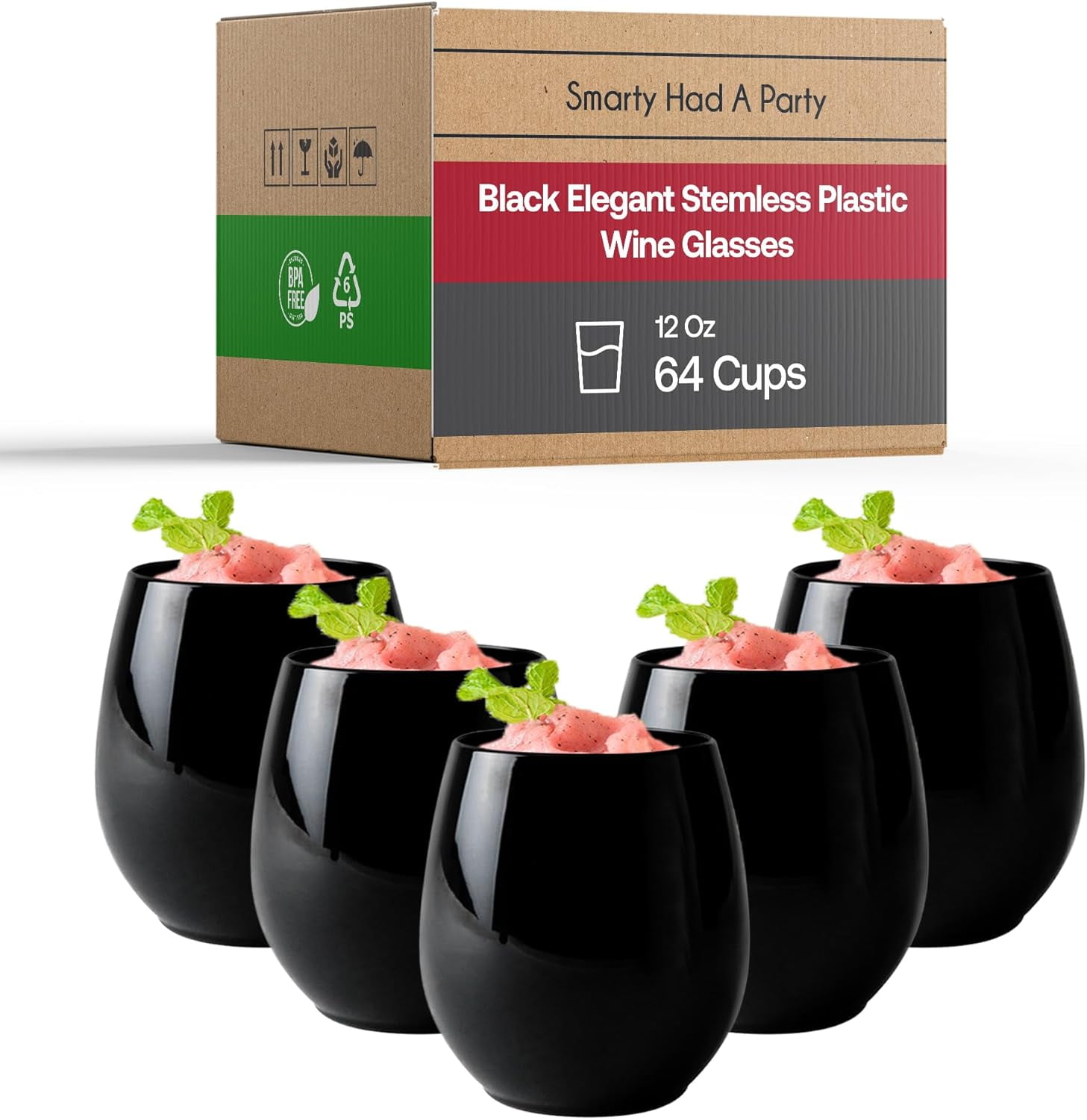 Smarty Had A Party 12 oz Wine Glasses Pack of 64 Black Stemless ...