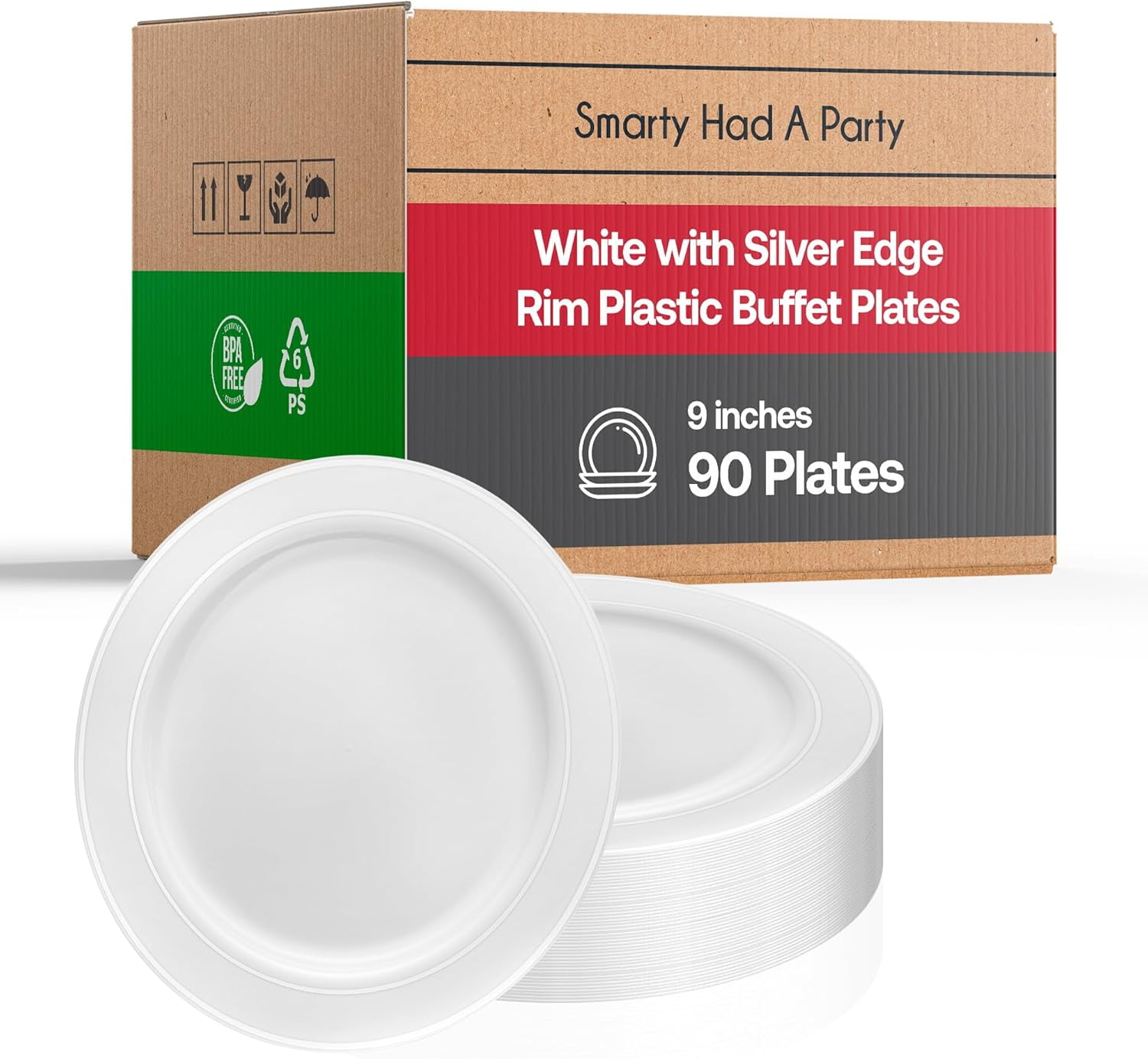 Smarty Had A Party - 9 Inch White Dinner Buffet Plates with Silver Rim ...