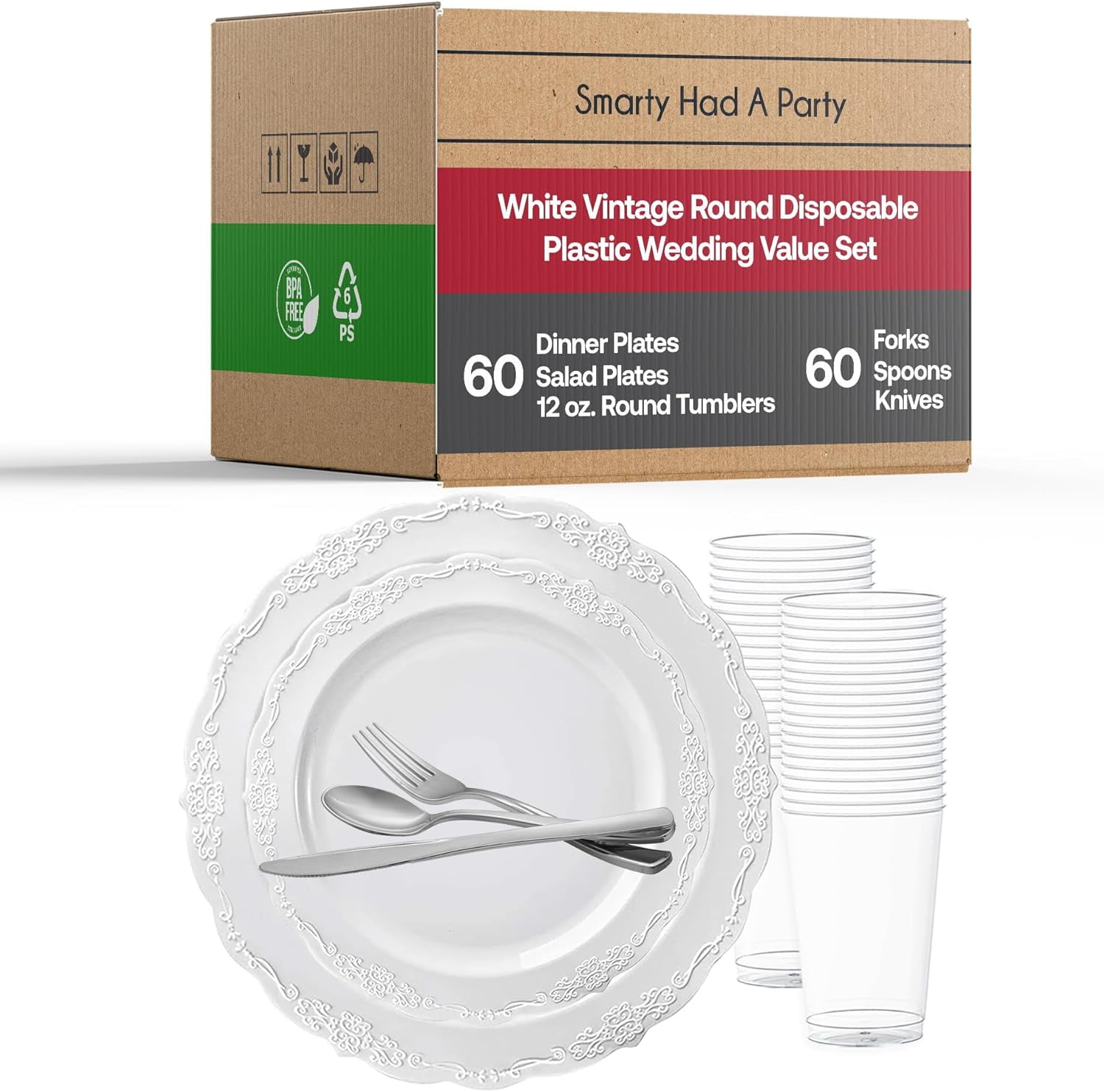 Smarty Had A Party Elegant Plastic Plates Wedding Value Set for 60 ...