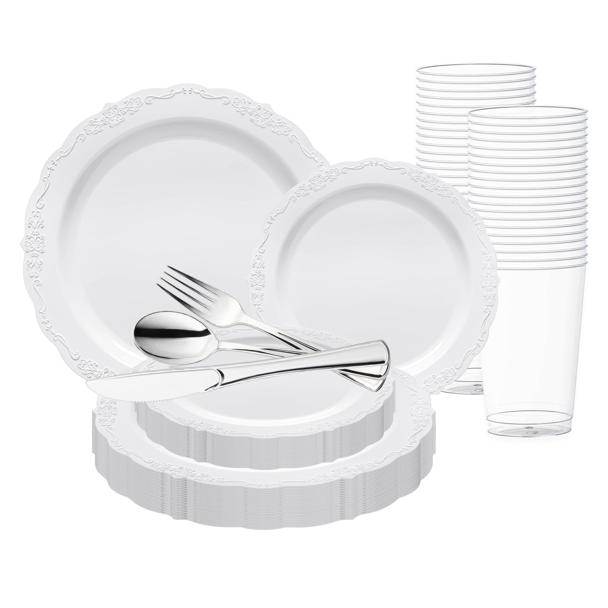 Smarty White Vintage Disposable Plastic Wedding Value Set (60 Guests ...