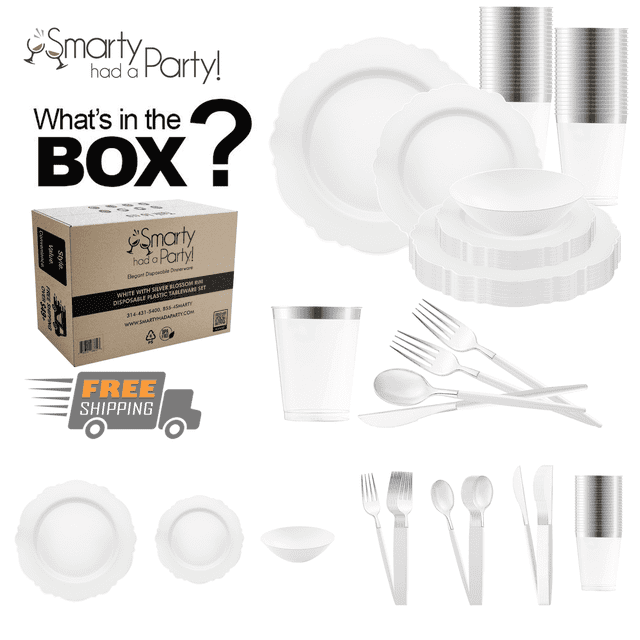 Smarty White with Silver Rim Round Blossom Disposable Plastic Wedding ...