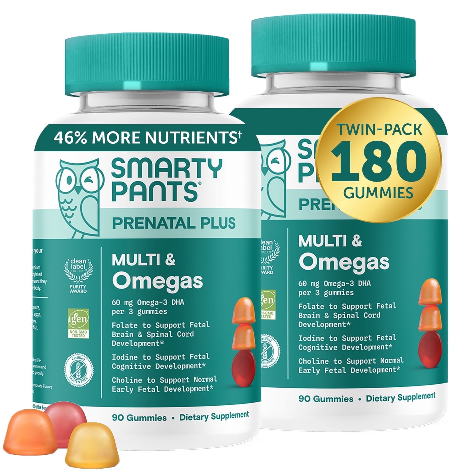 SmartyPants Prenatal Plus Multi & Omega-3 Gummies 2-Pack, Improved Formula, 50% Less Sugar, 90 ...
