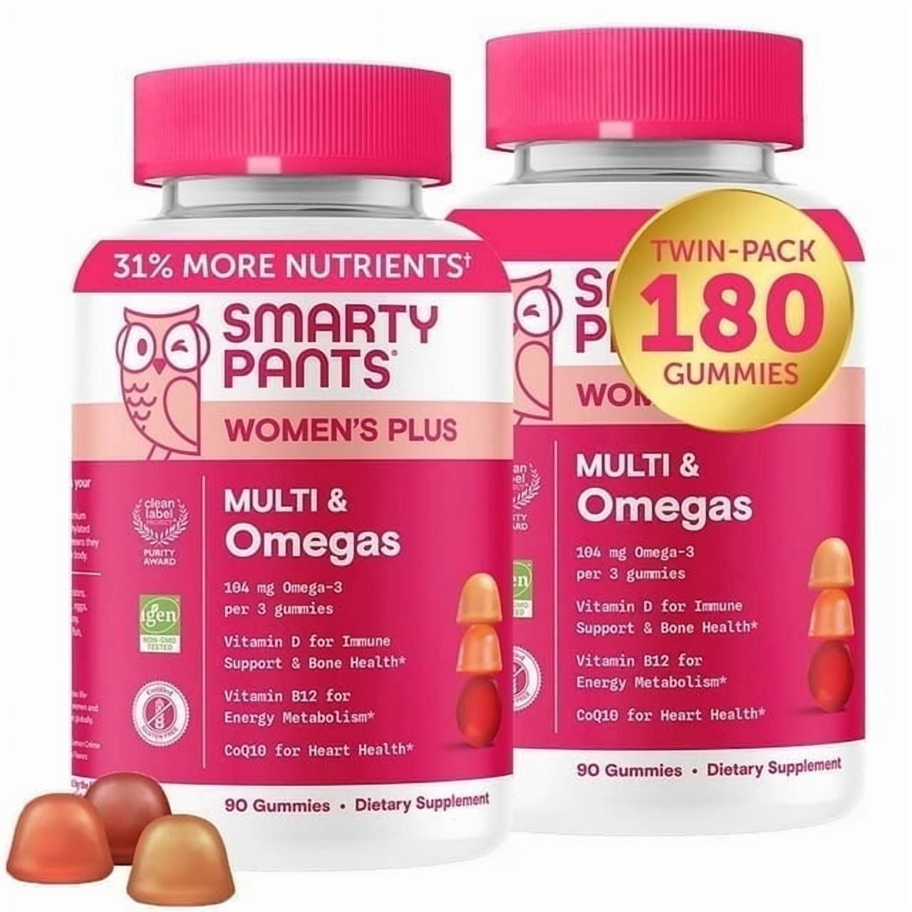 SmartyPants Women's Plus Multi & Omega-3 Gummies 2-Pack, Improved Formula, 50% Less Sugar, 90 Ct ...