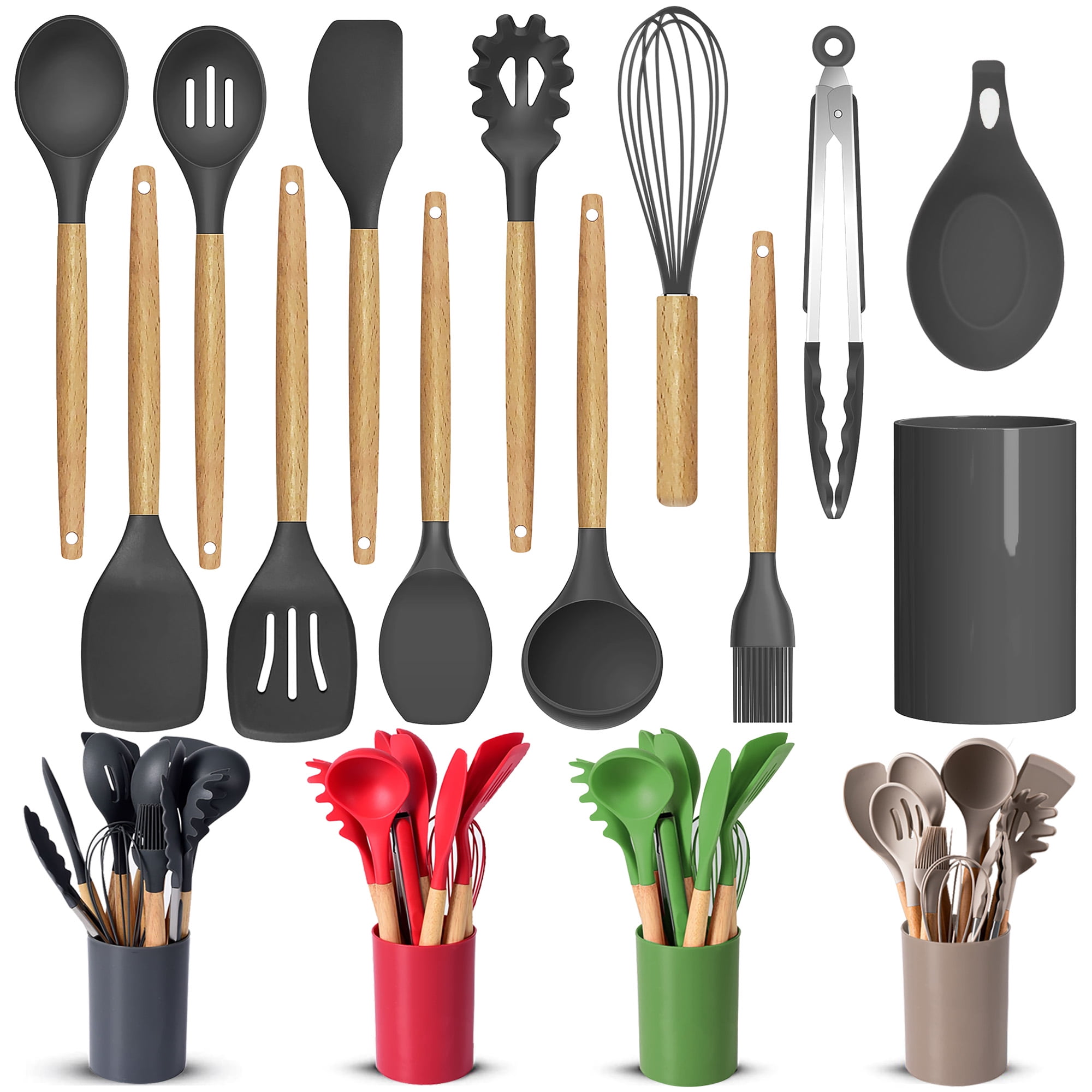 Smasener 13pc Silicone Kitchen Utensils Set, Wooden Handles, BPA Free ...