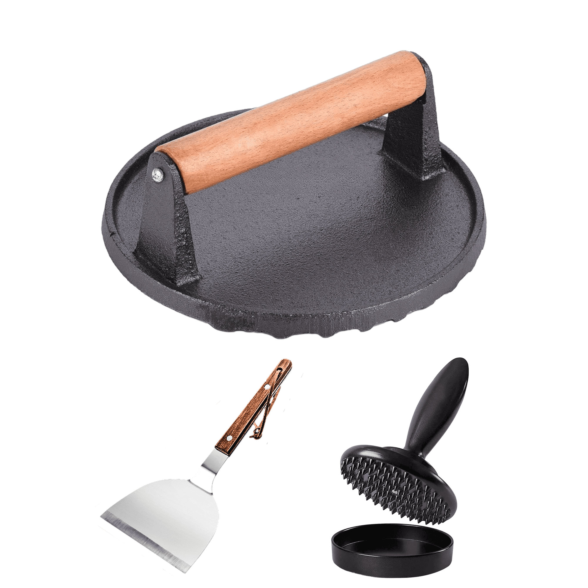 Smash Burger Press Kit Round Cast Iron Grill Press with Meat Tenderizer ...