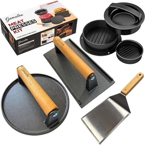 Smashed Burr Press BBQ Kit: 7" Round & 8.2x4.3 Rectangle Cast Iron ...