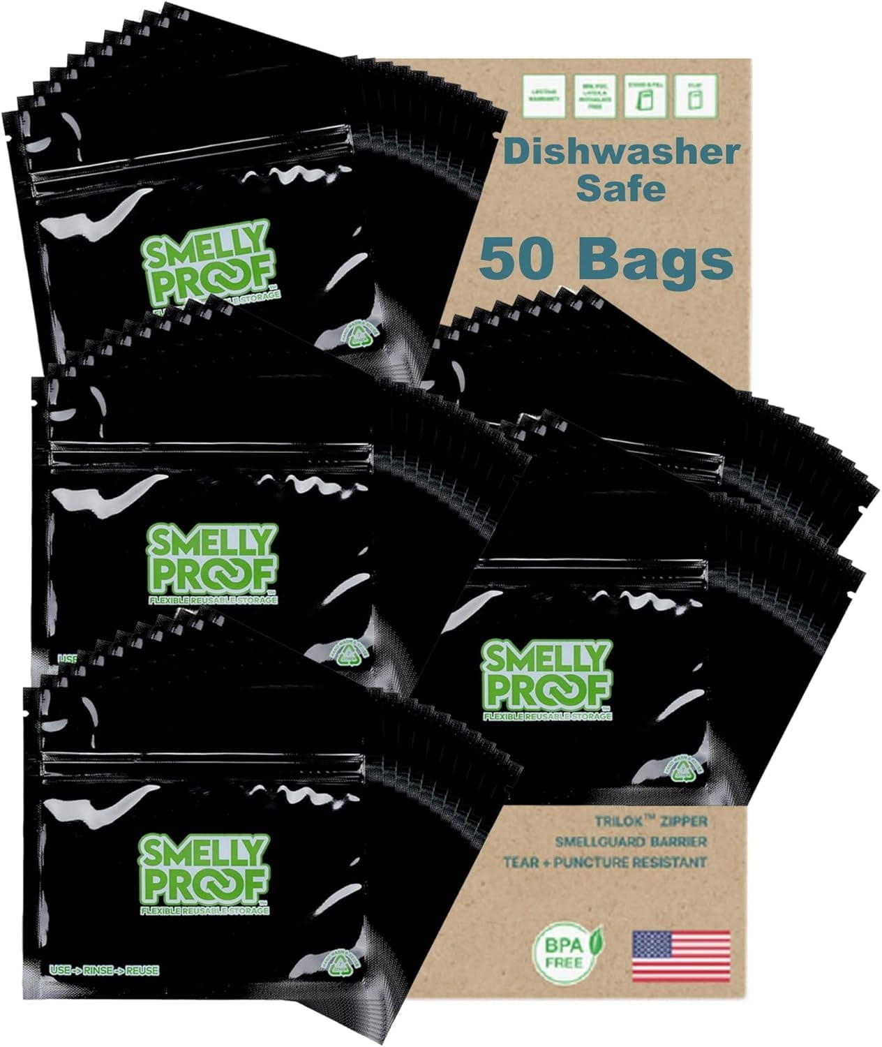 Smelly Proof 6x4" 4-Mil Reusable Food Storage Bags, Triple Zip, Black ...