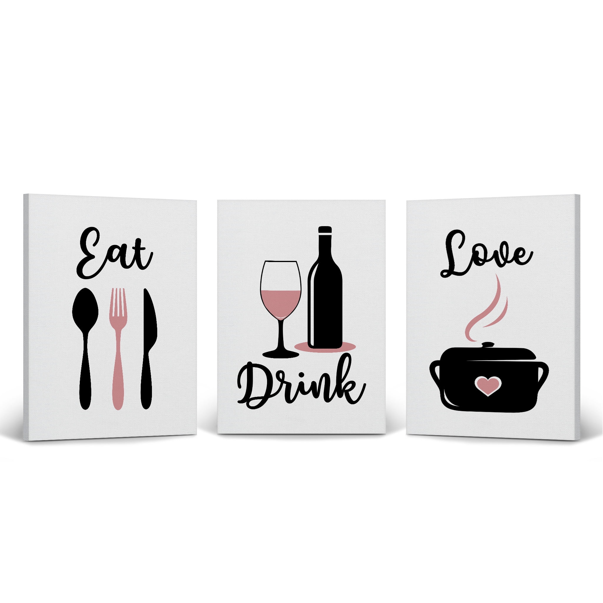 Smile Art Design Eat Drink Love Pink Black and White 3 Piece Kitchen ...