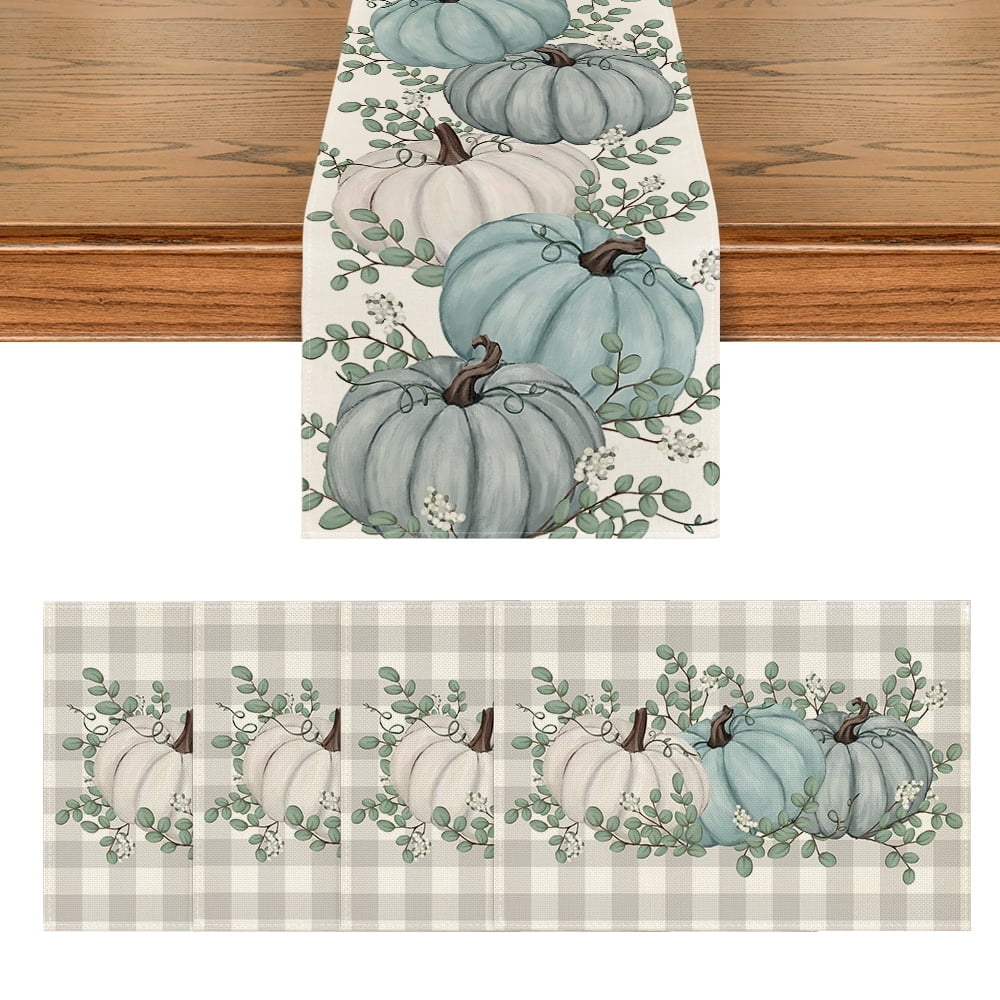 Smile Dining Decor Set: Blue Pumpkins Eucalyptus Leaves Fall ...