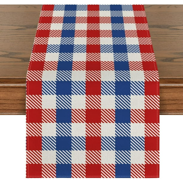 Smile Blue Red Off White Buffalo Check Plaid 4th of July Table Runner ...